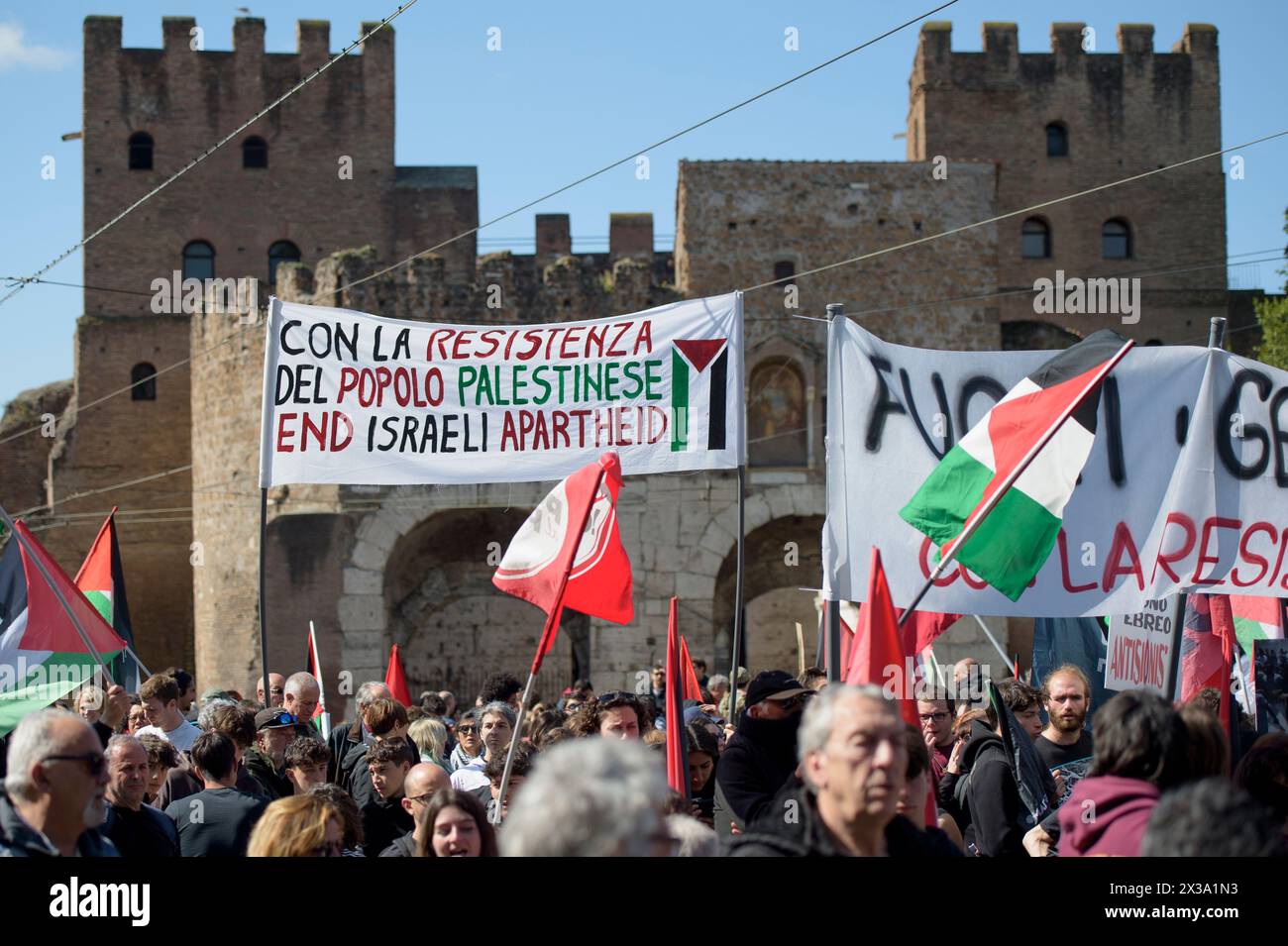 April 25, 2024, Rome, Italy: In the background Porta San Paolo, one of ...