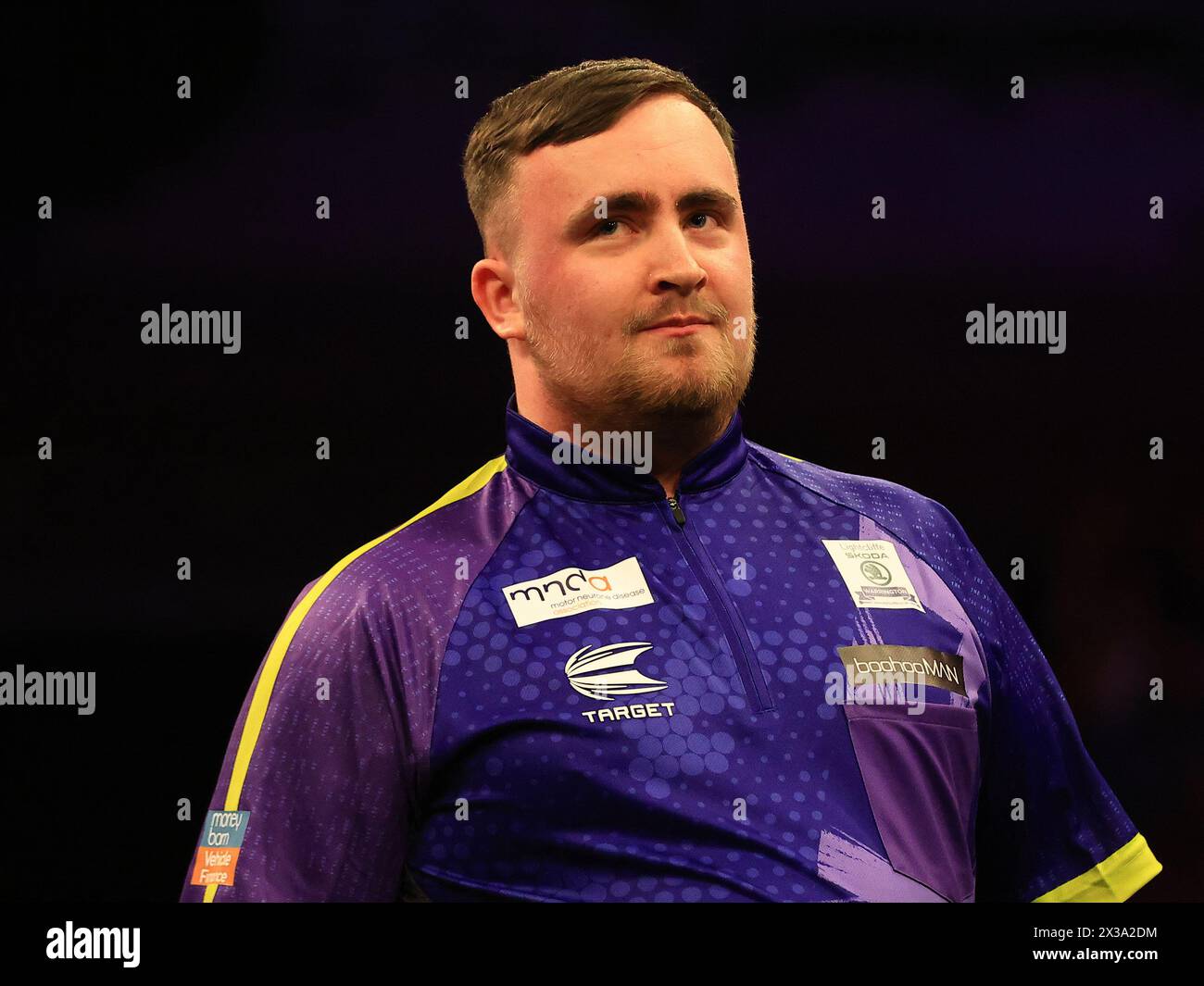 Liverpool, UK. 25th Apr, 2024. Luke Littler reacts during the 2024 ...