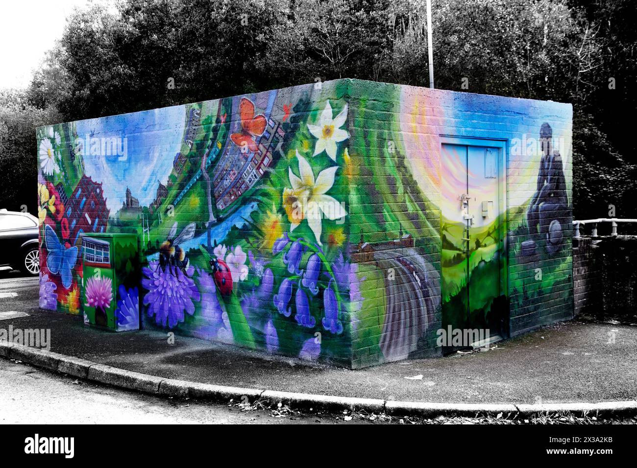 Llanhilleth Mural, a colourful mural on a pumping station enclosure, a ...