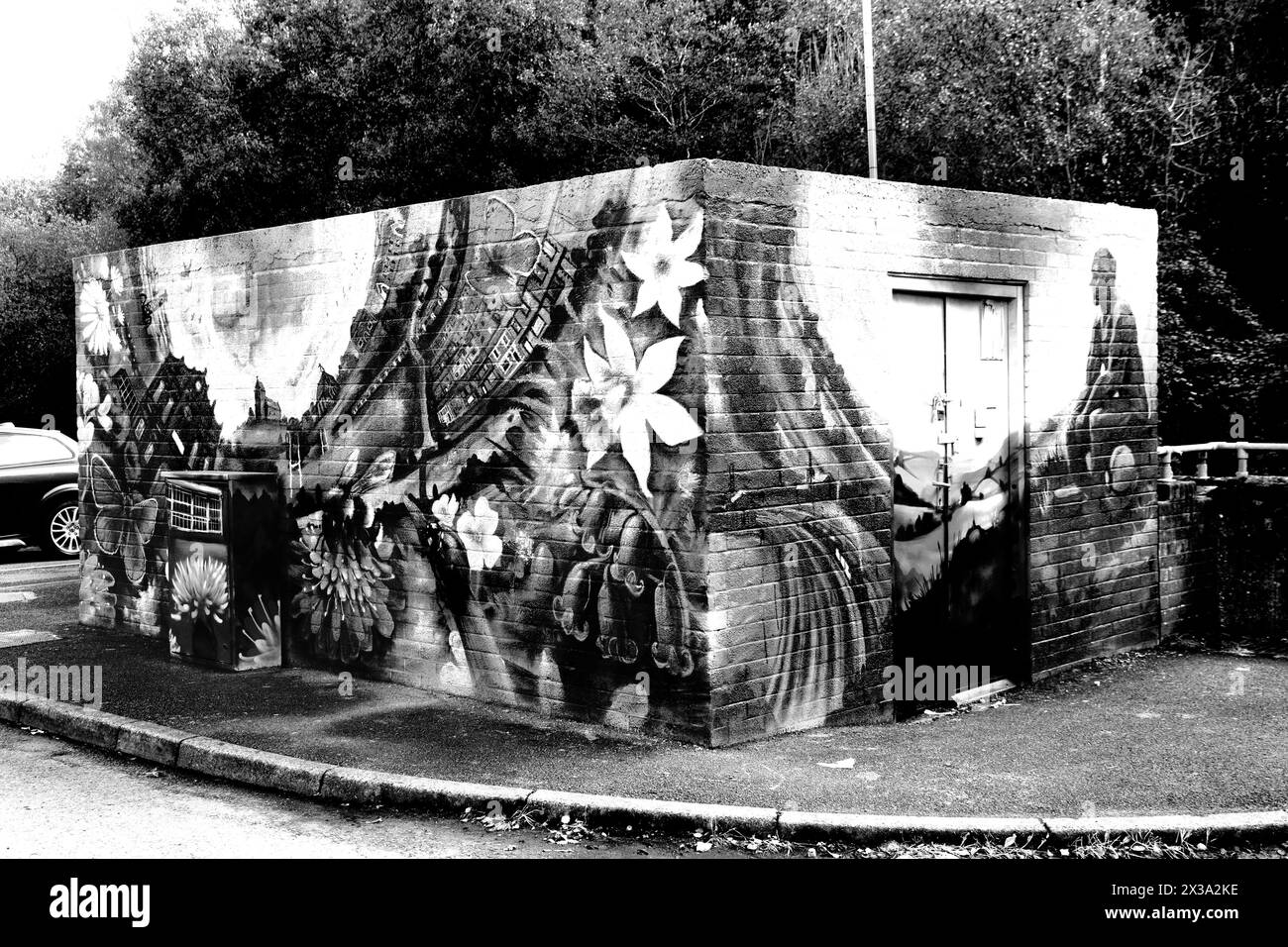 Llanhilleth Mural, a colourful mural on a pumping station enclosure, a ...