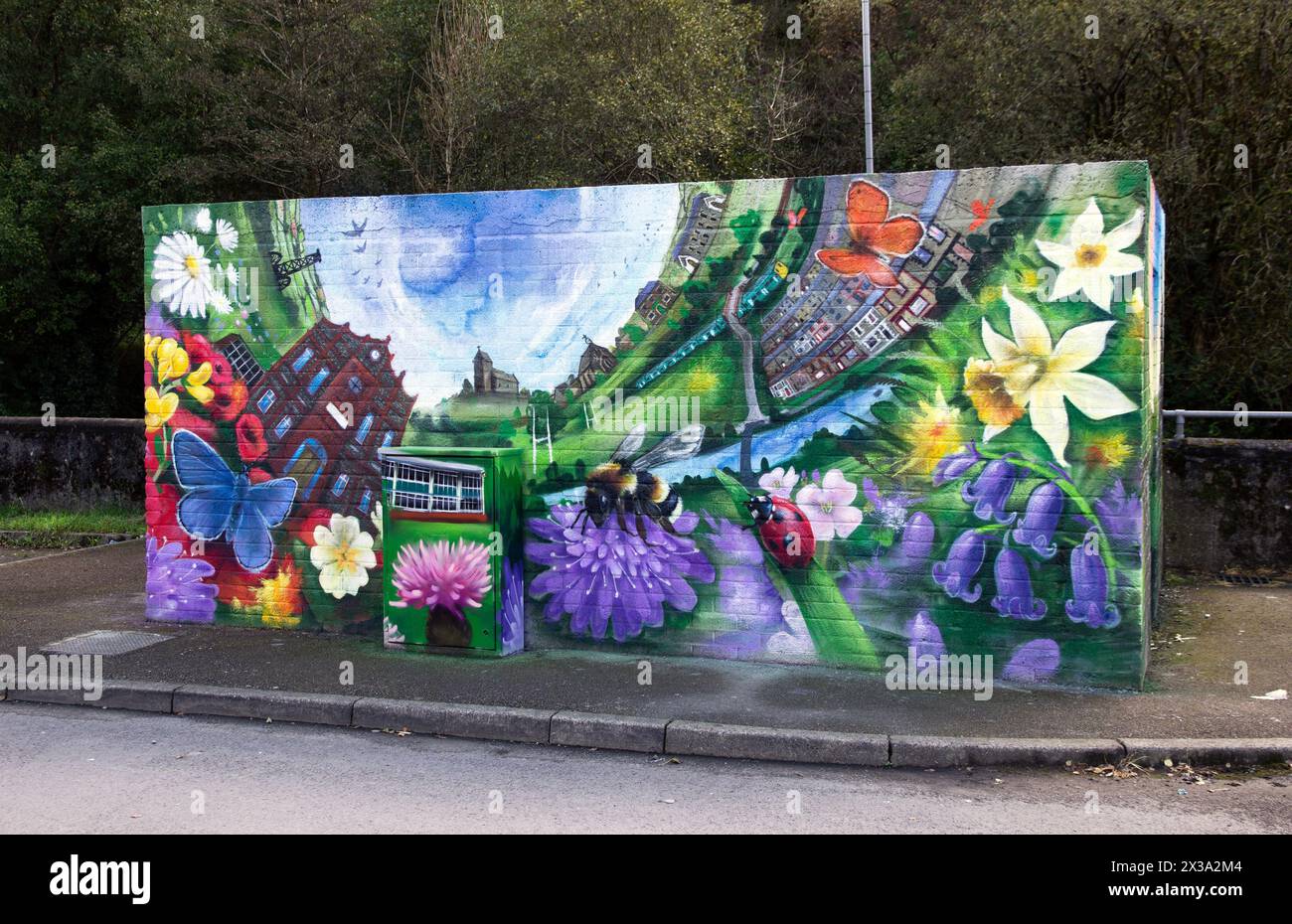 Llanhilleth Mural, a colourful mural on a pumping station enclosure, a ...