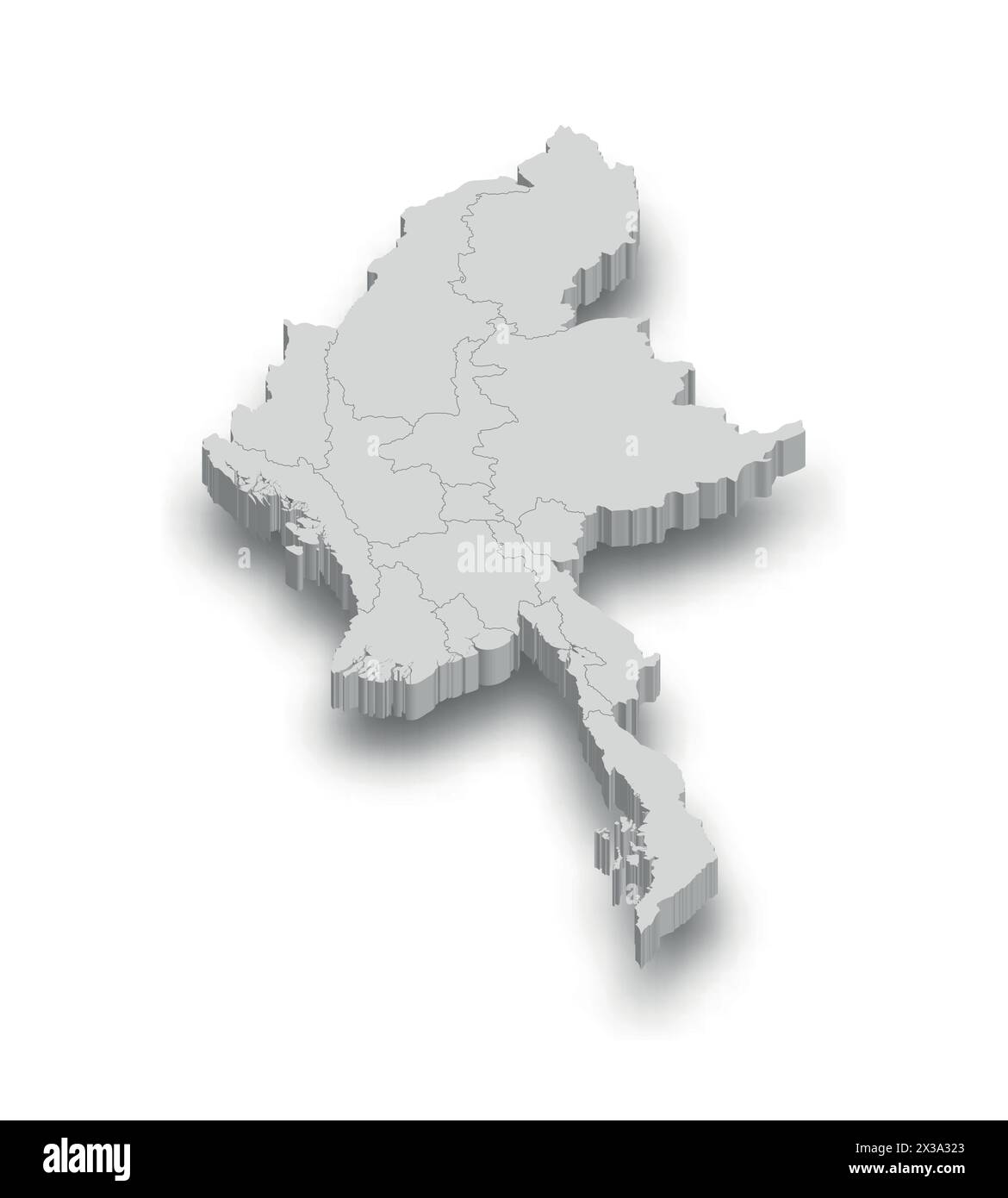 3d Myanmar white map with regions isolated on white background Stock ...