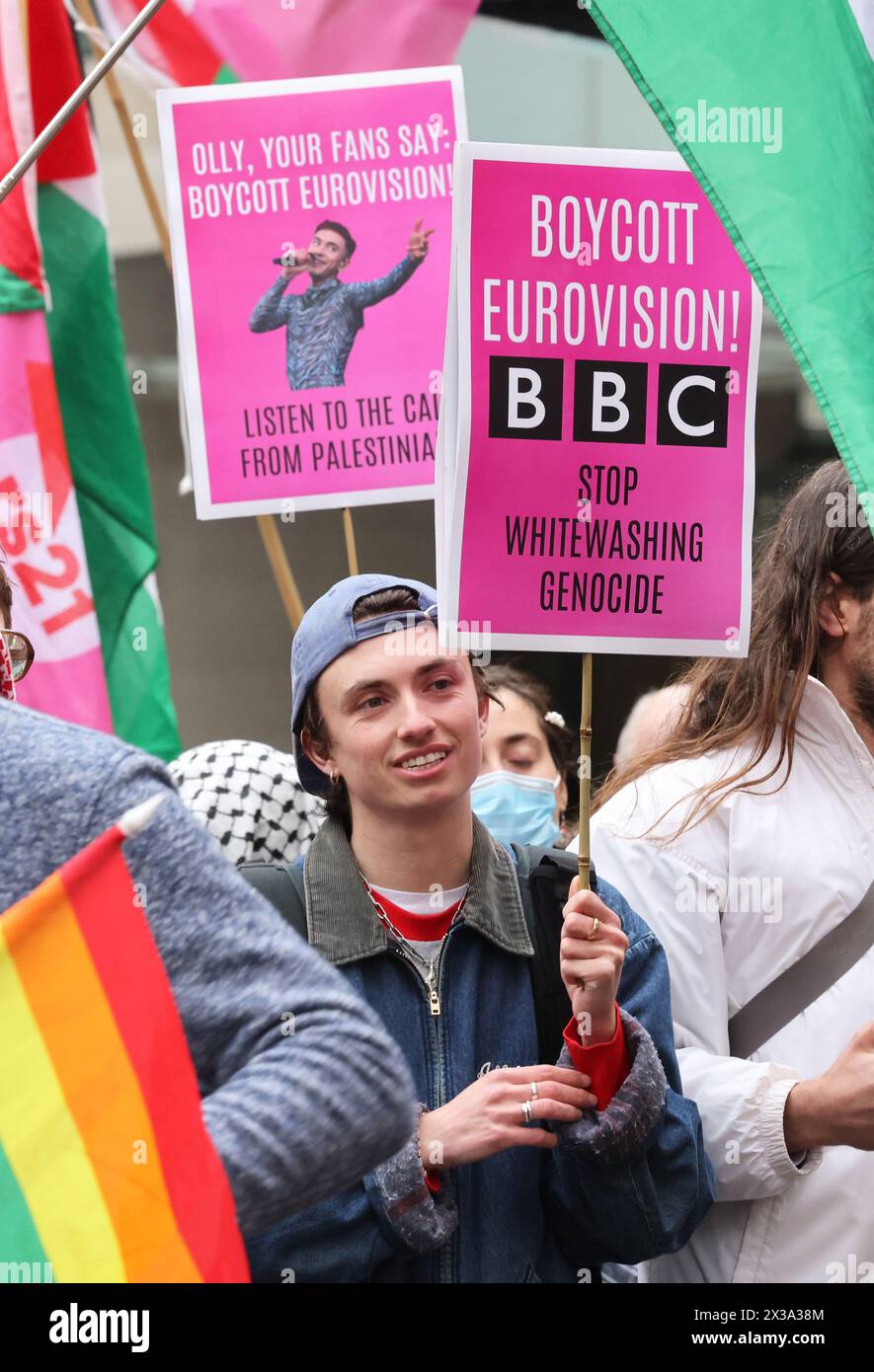 London, UK, 25th April 2024. Protest outside the BBC in central London ...