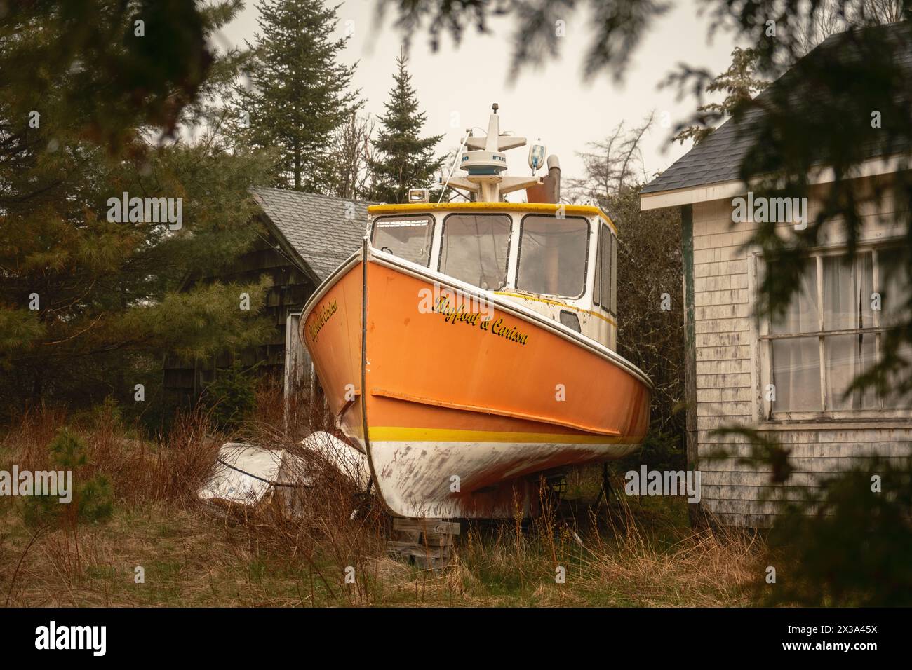 Orange boat on a foggy day on Beals Island, Maine Stock Photo - Alamy