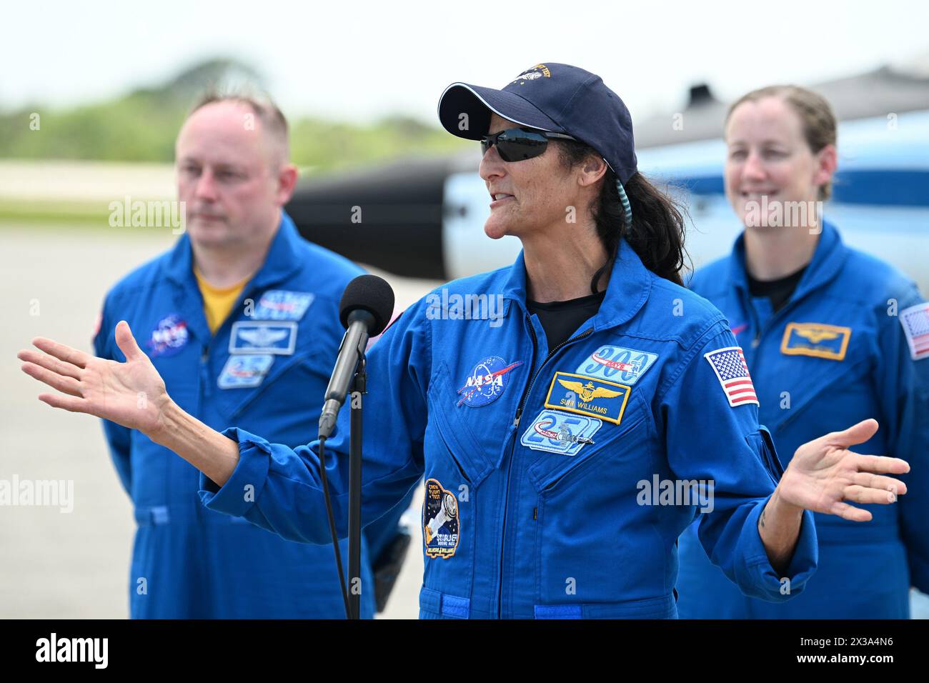 NASA Astronaut Suni Williams addresses the media after arriving at the ...