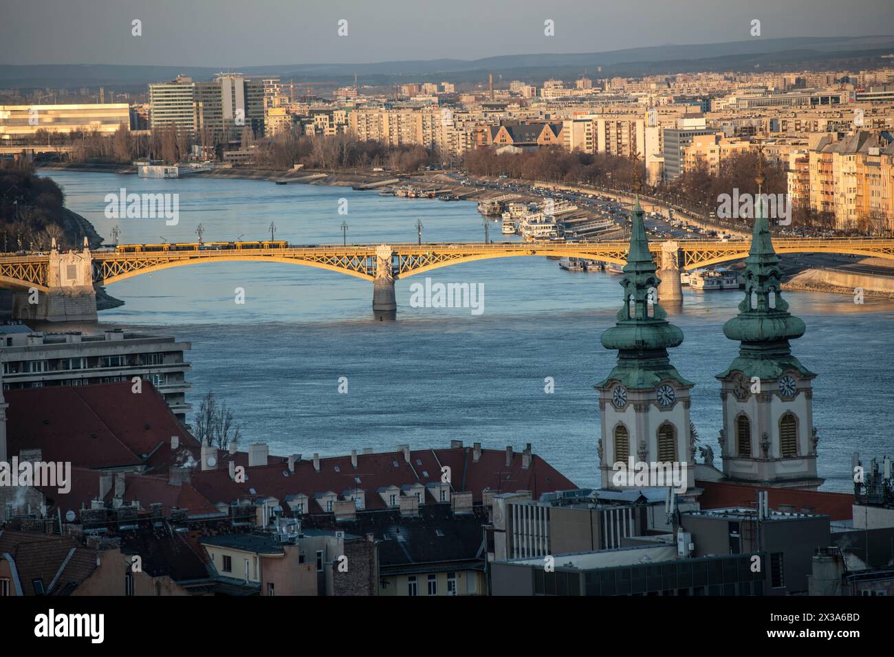 Budapest: panoramic view of Margaret Bridge, over the Danube River ...