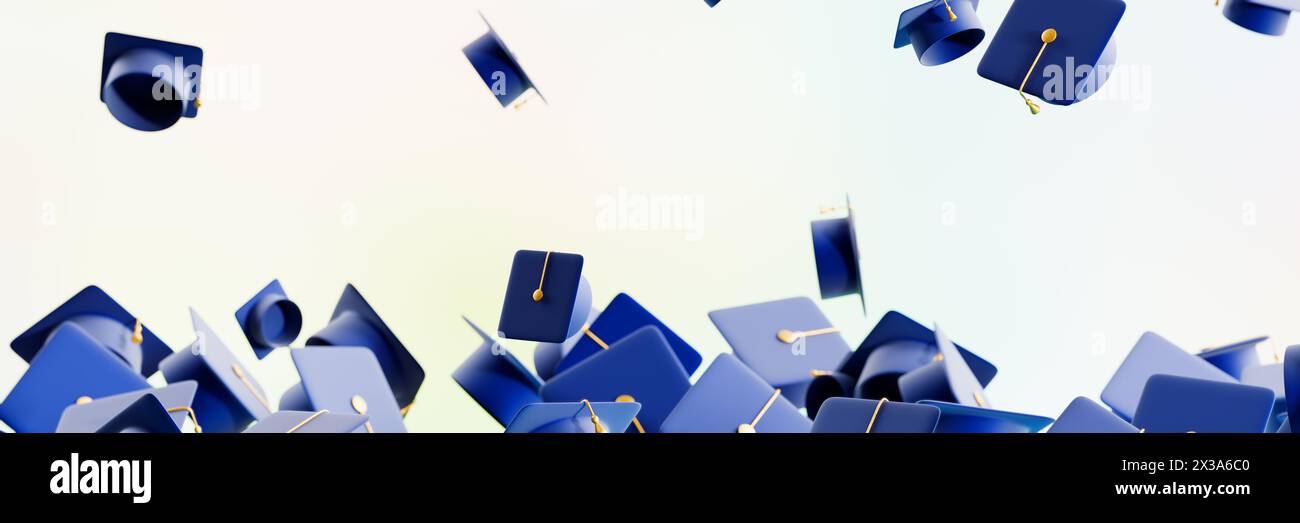 Graduation caps are thrown. Banner from a lot. 3D rendering Stock Photo ...