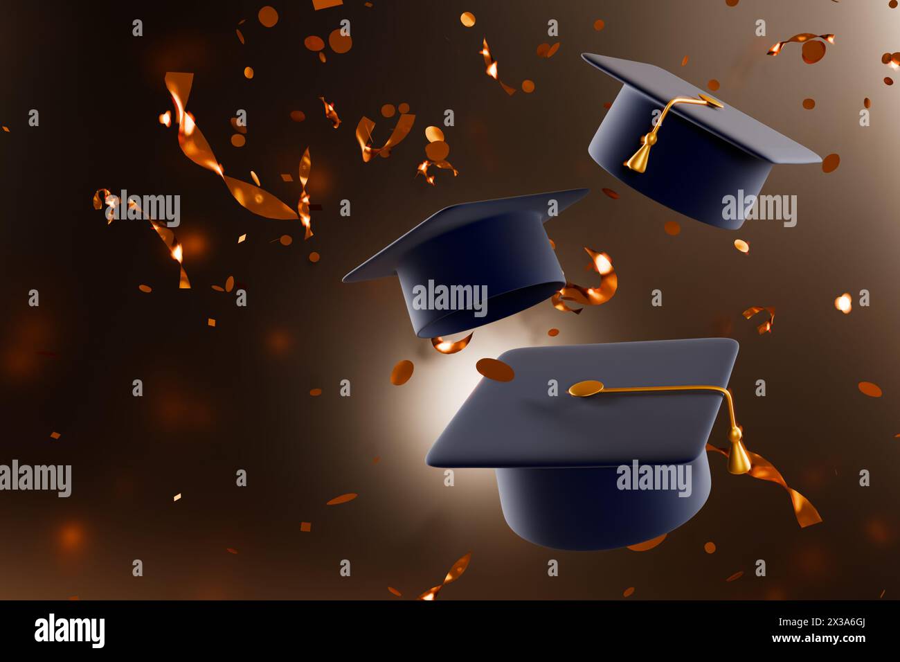 Three graduation caps in gold confetti. 3D rendering Stock Photo - Alamy
