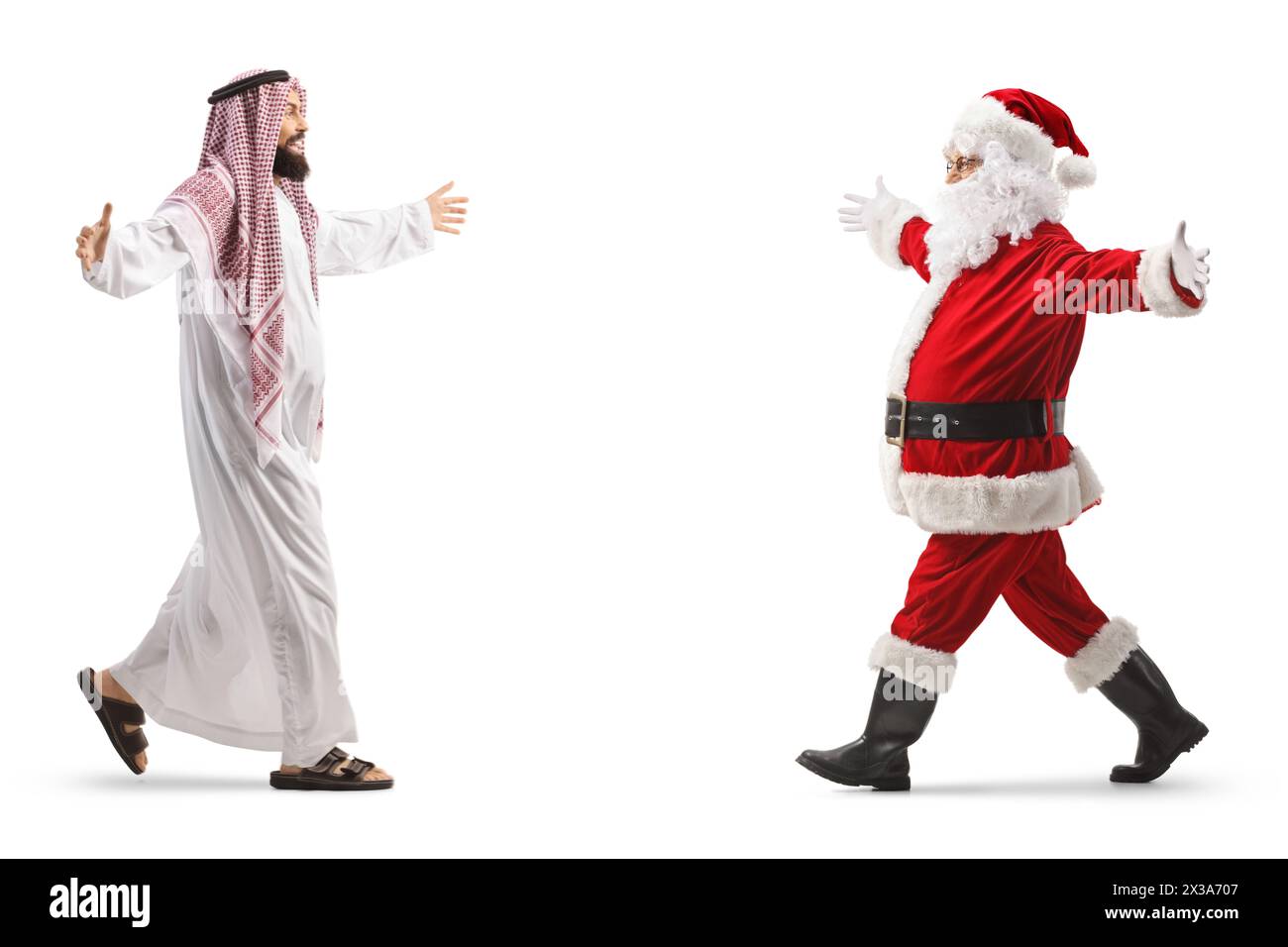 Saudi arab man meeting santa claus isolated on white background ...