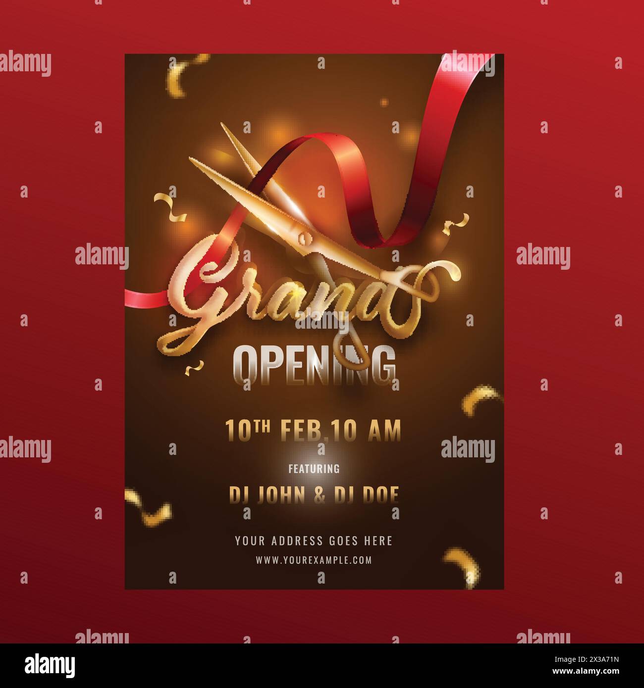 Grand Opening Flyer Design With Golden Scissors Cutting Ribbon And