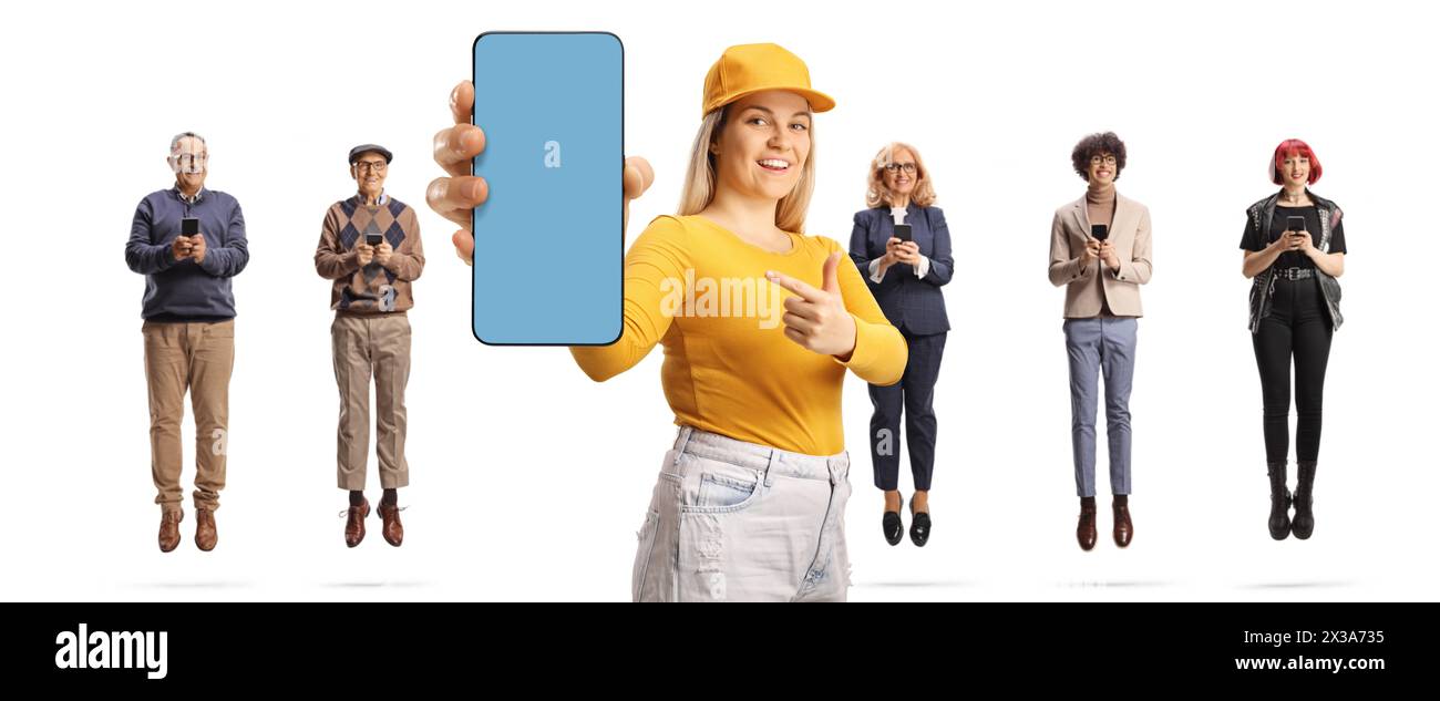 Happy smartphone users jumping and female pointing at a blue screen ...