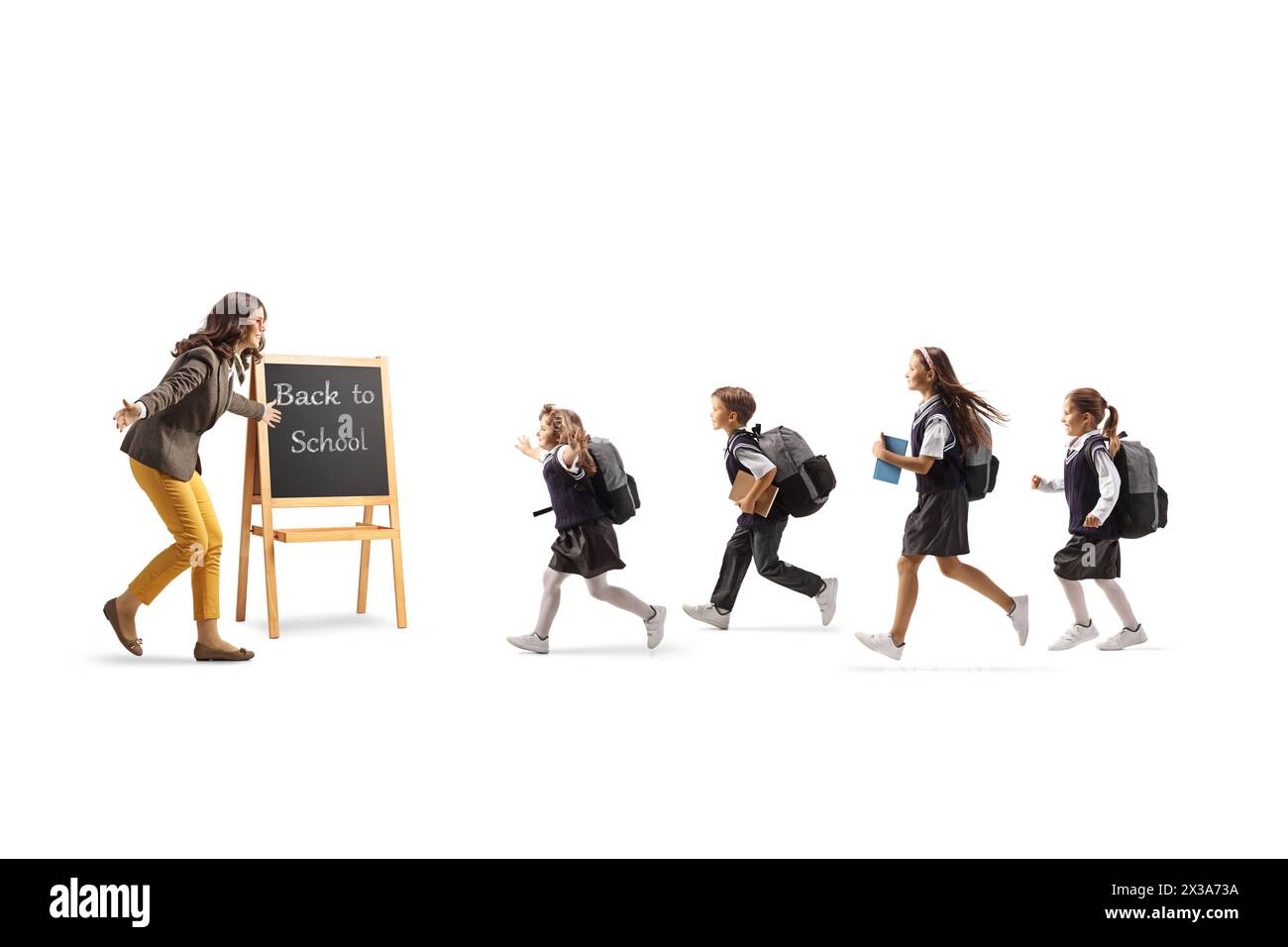 Schoolchildren going back to school, running to hug their teacher ...