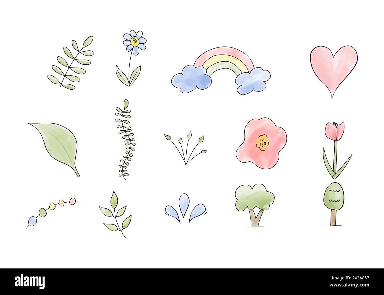 Set of watercolor doodle elements, vector illustration Stock Vector ...