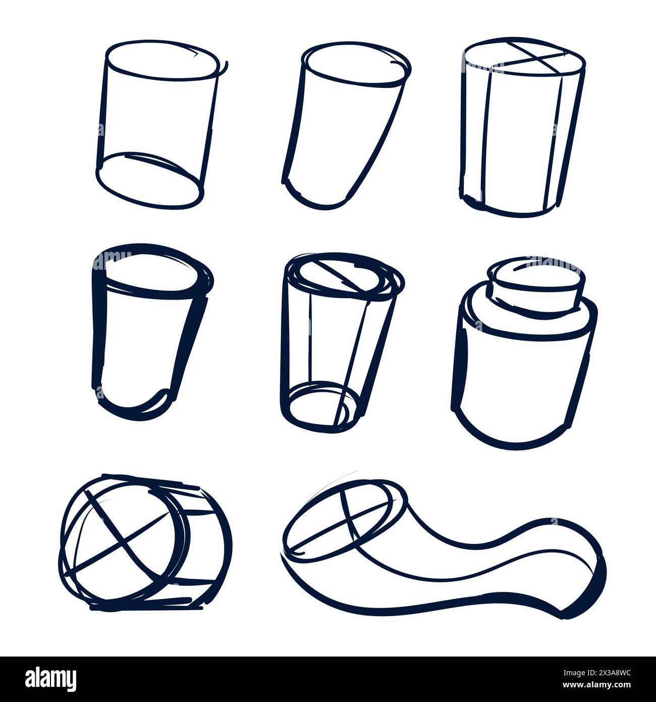 Cylinder Shapes Scribble Lines Set. Hand Drawn Cylinder Shapes Scribble ...