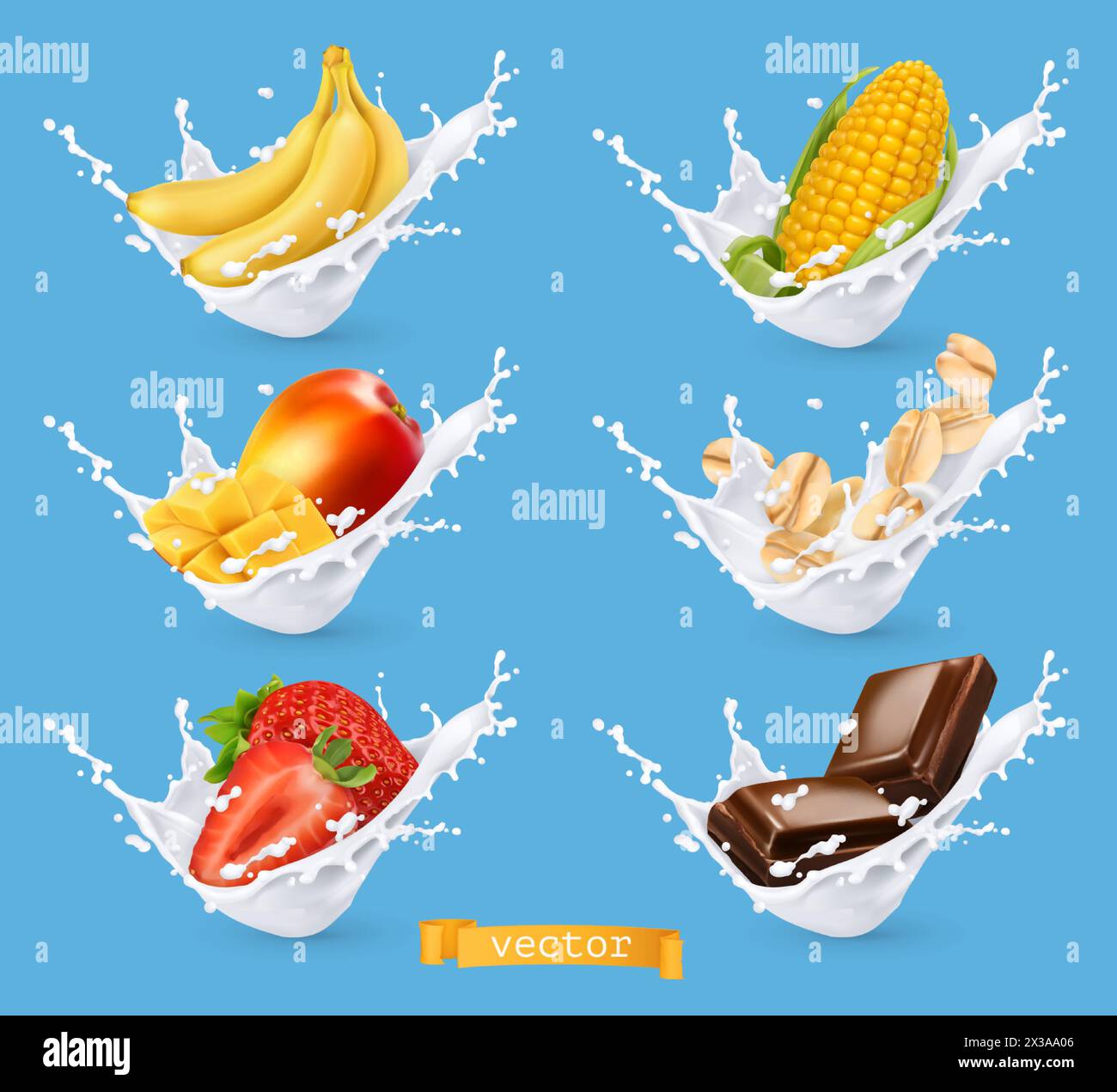 Milk splashes with fruit, cereal. Banana, mango, strawberry, corn, oats ... Milk splashes with fruit, cereal. Banana, mango, strawberry, corn, oats ...