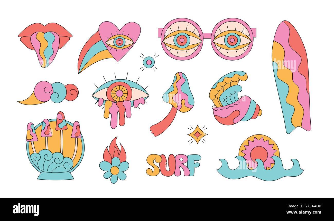 Summer groovy cartoon surf, wave, shell, glasses, eye. Trippy bright ...