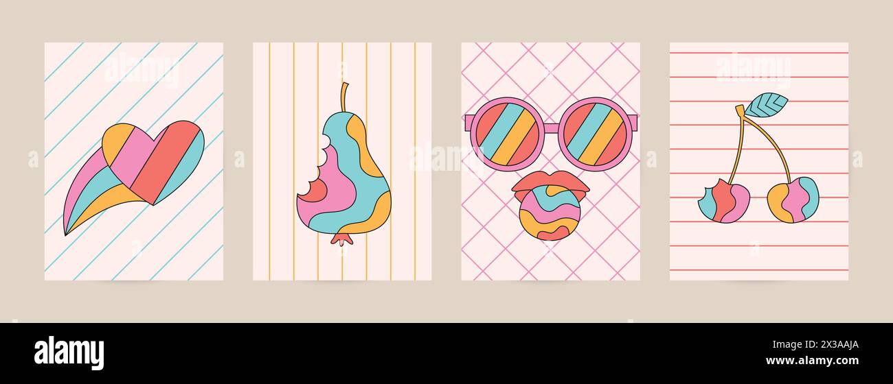 Summer groovy cartoon cards set on line patterned background. Trippy ...