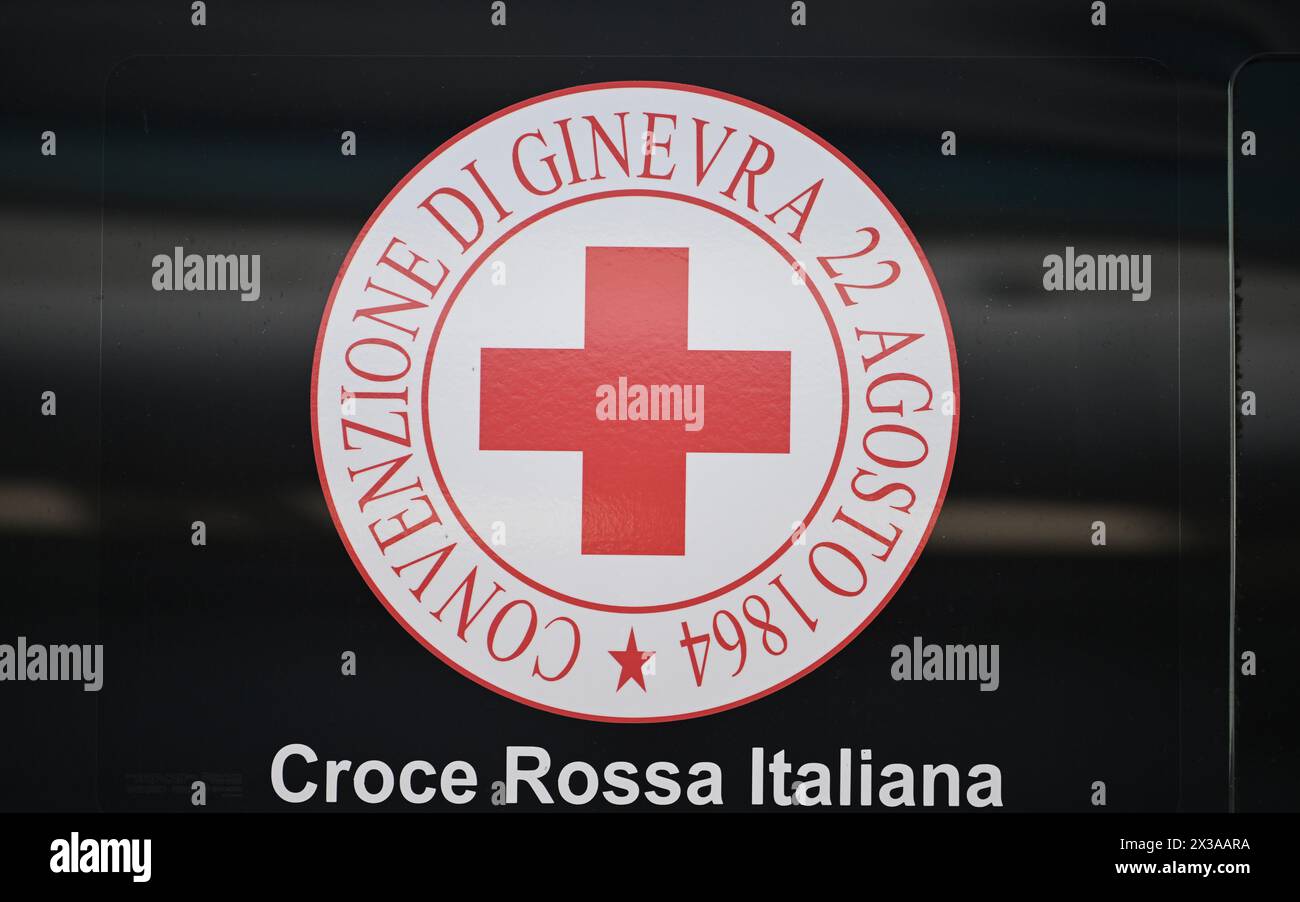 Rimini, Italy. 25th Apr, 2024. The words Crosse Rossa Italiana can be ...