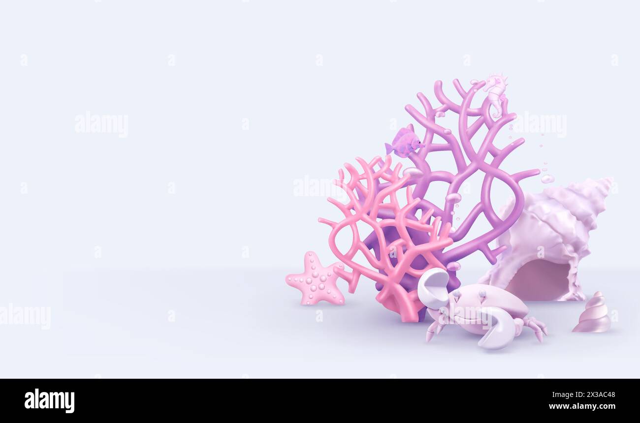 Underwater background. 3d vector objects coral, starfish, shells, crab. Greeting card, poster ...
