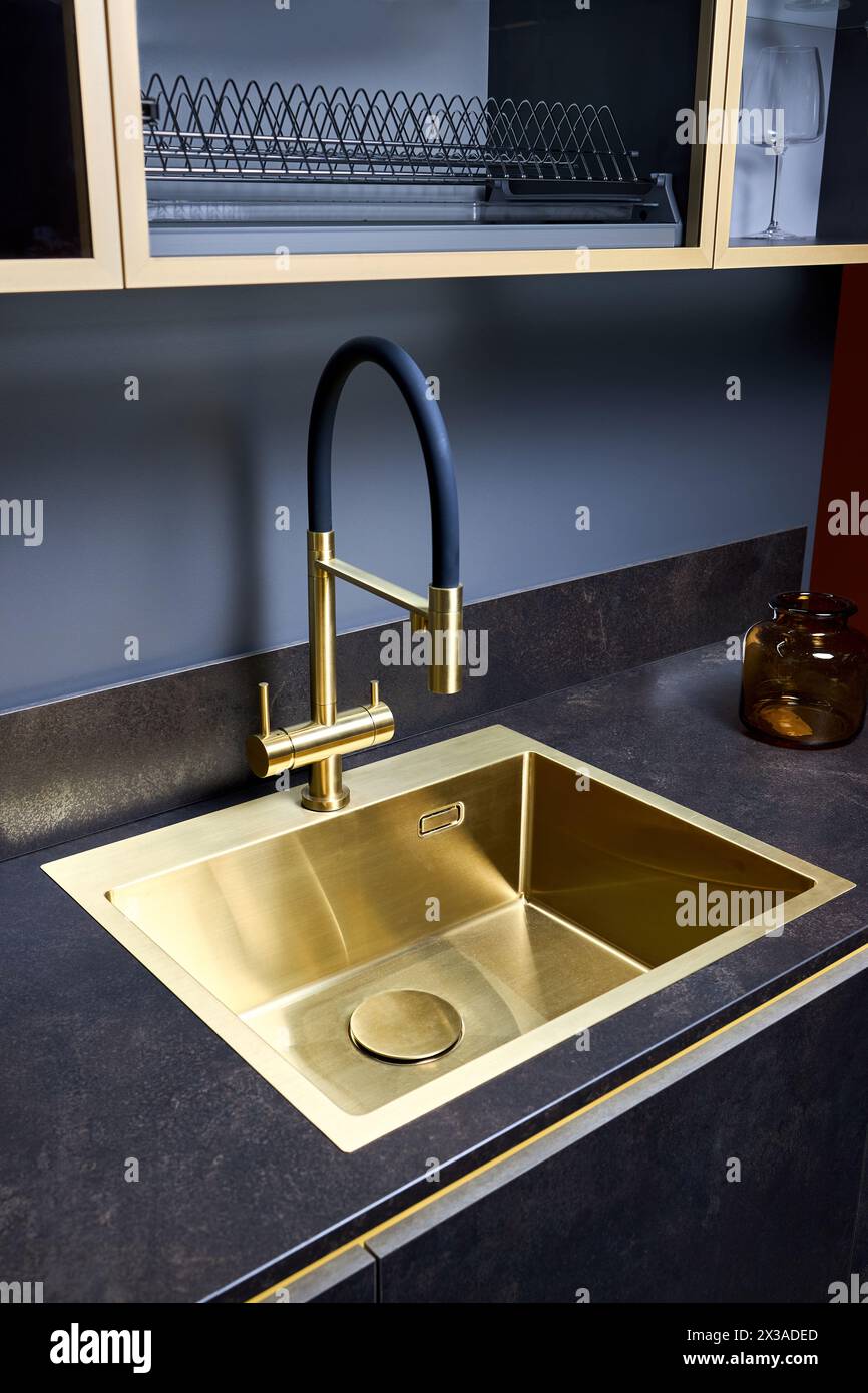 Luxurious interior square golden brass sink and faucet double tap mixer ...