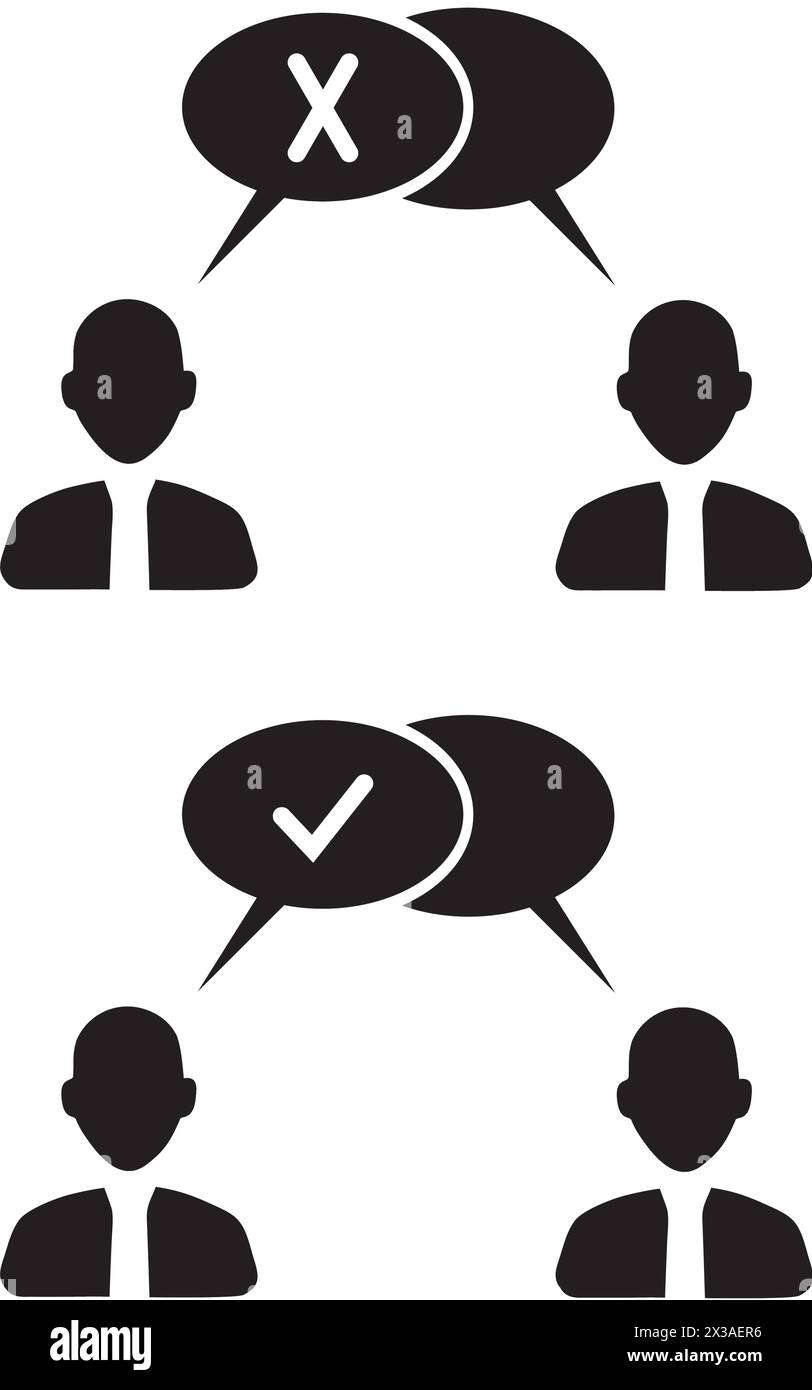 People heads with speech bubbles with approval sign and white cross on ...