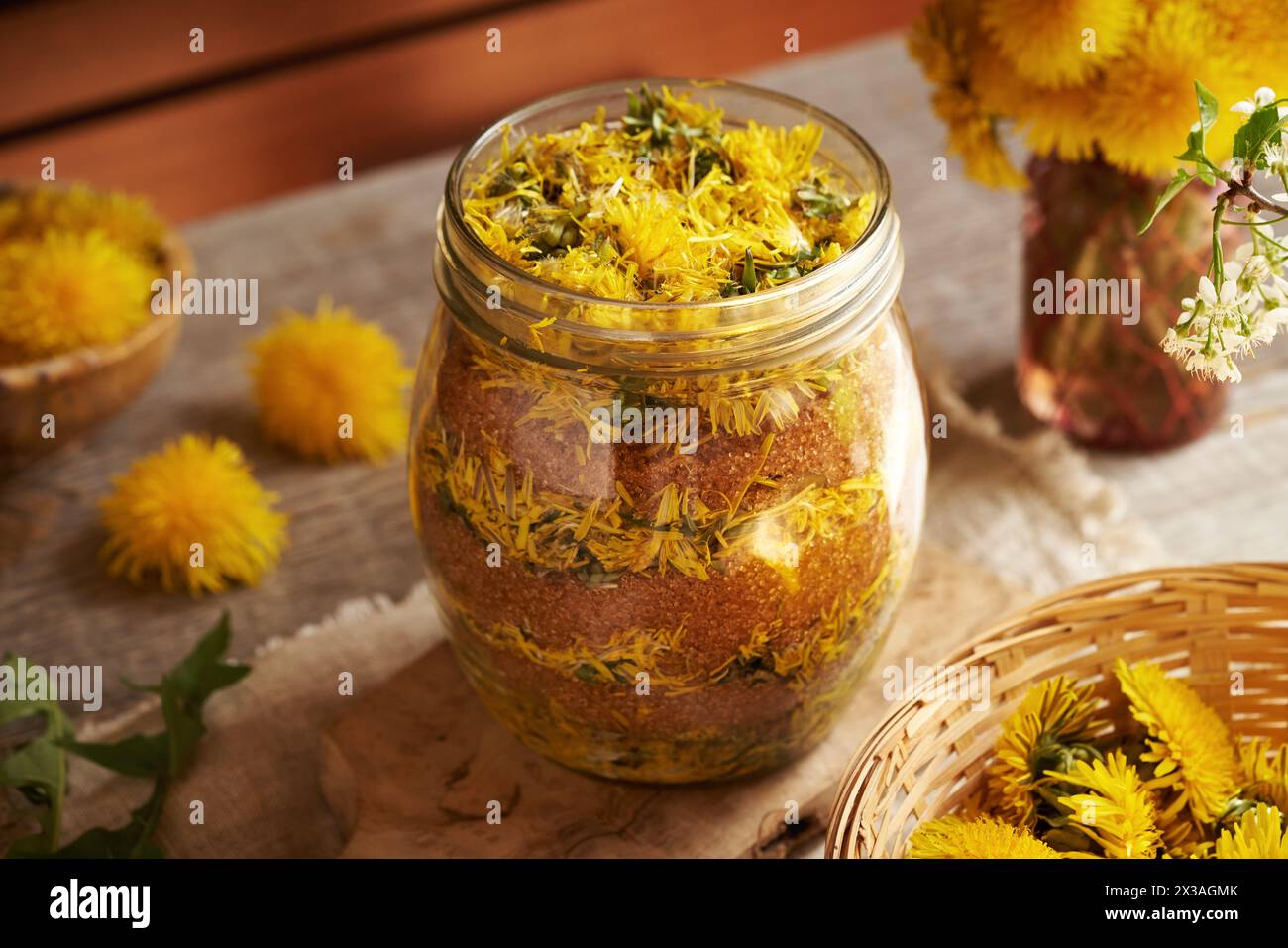Preparation of dandelion syrup from fresh flowers and brown sugar in a ...
