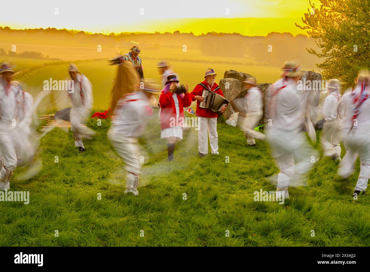 Morris dancers dancing on Coldrum Long barrow near Trottiscliffe at ...
