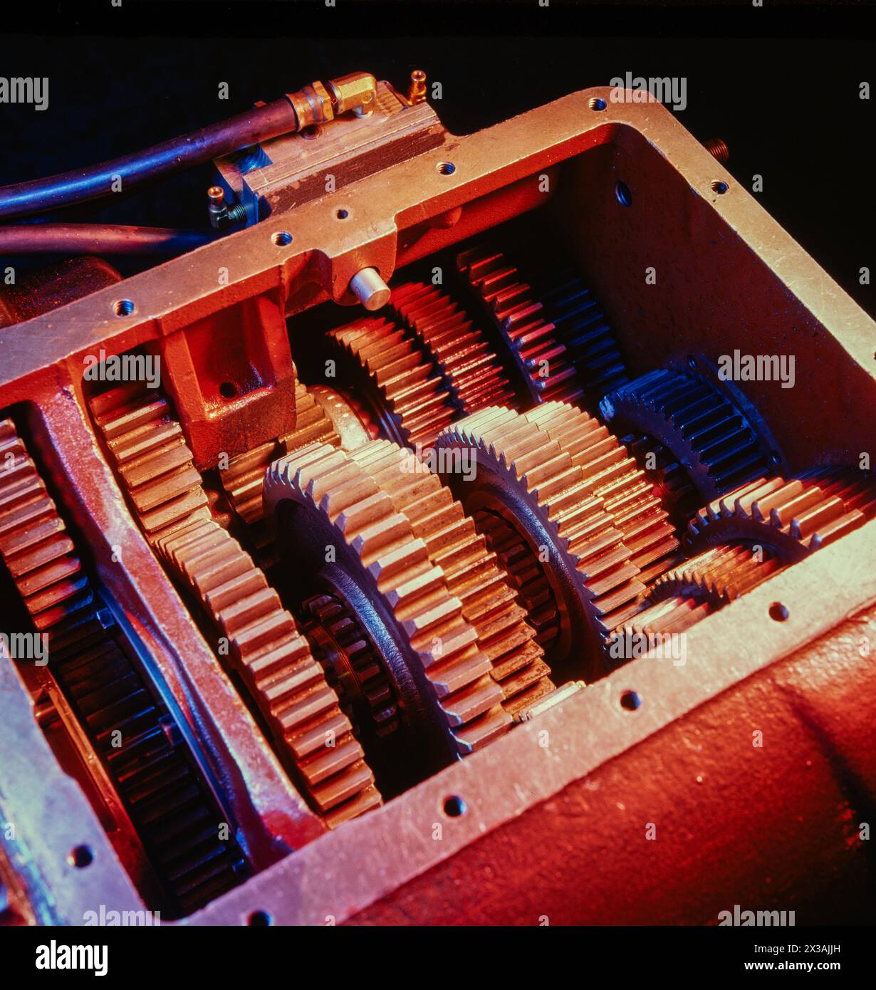 INTERNALS OF A TRUCK GEARBOX LIT WITH COLOURED LIGHT Stock Photo - Alamy