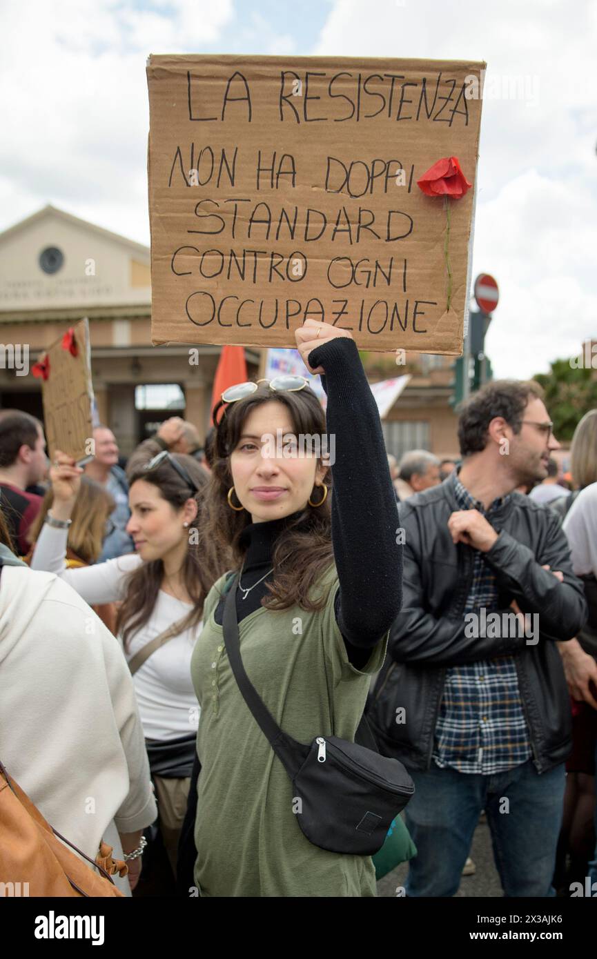 Rome, Italy. 25th Apr, 2024. A woman holds up a sign reading 'the ...