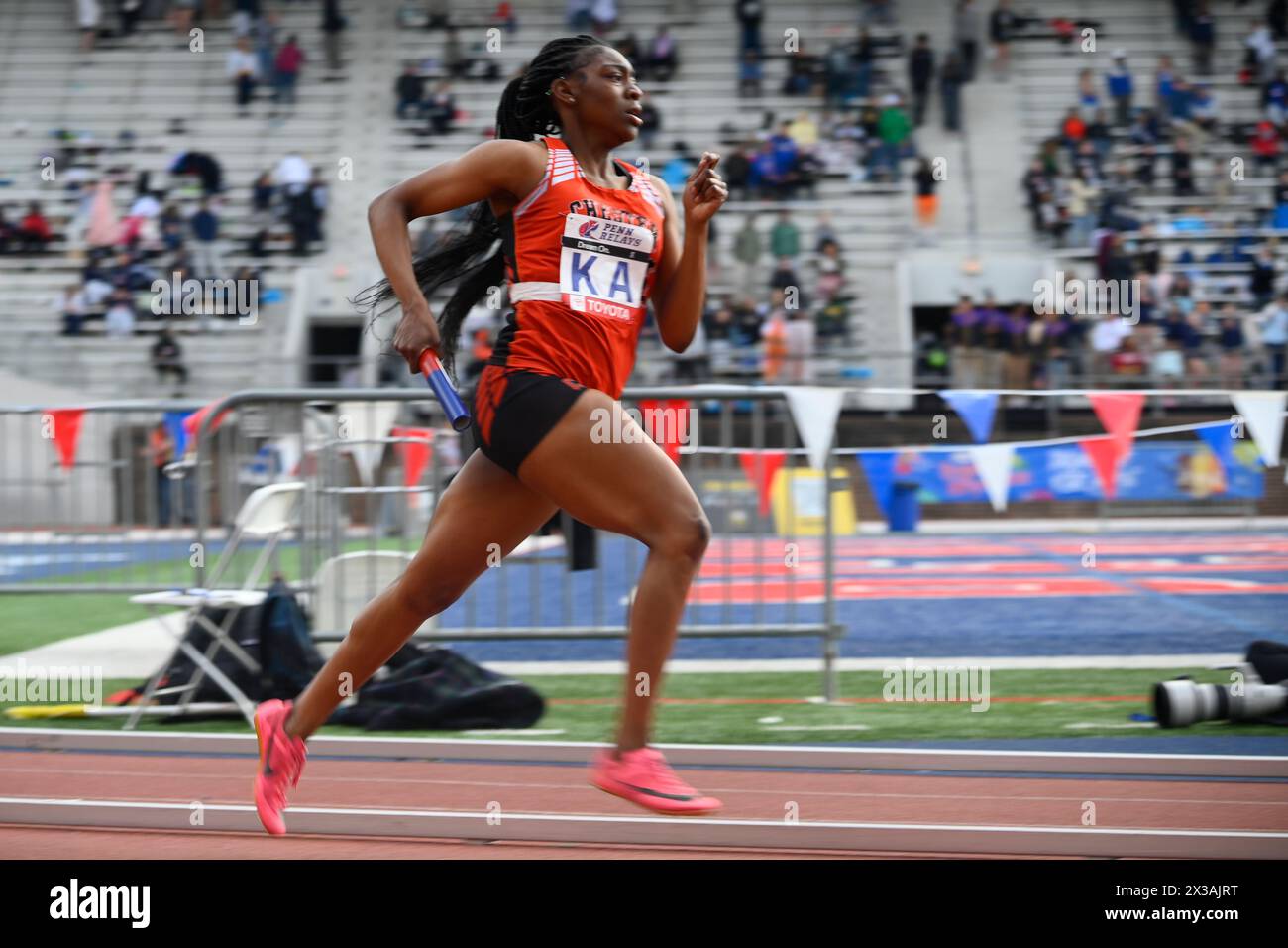Athletes compete in the 4x400m event of the first day of the 128th Penn ...