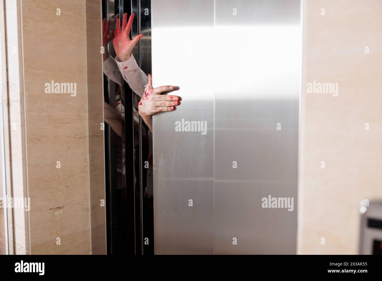 Demonic zombies hands opening office elevator, coming out to infect ...