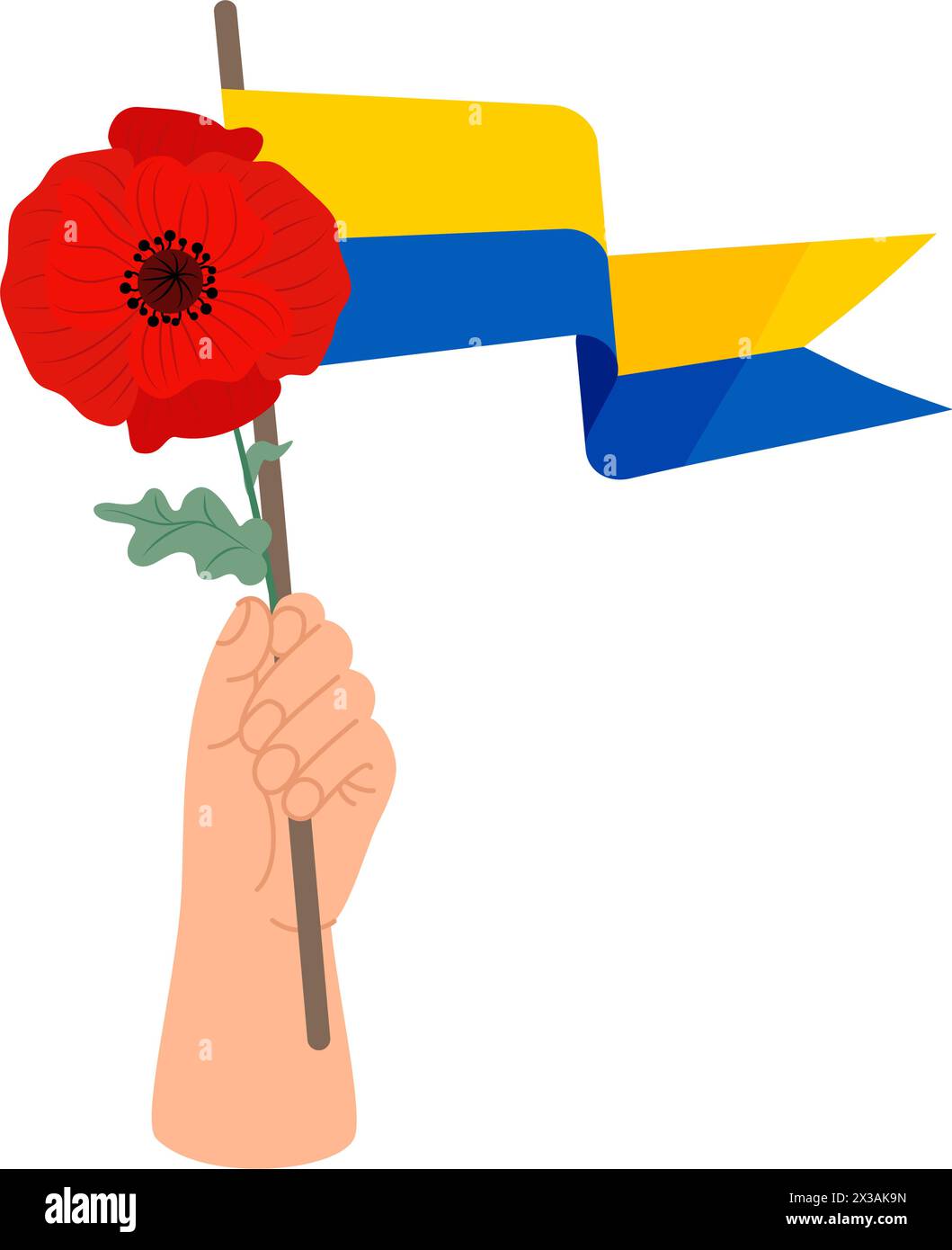 Hand with Ukrainian flag and red poppy flower. Vector illustration in ...
