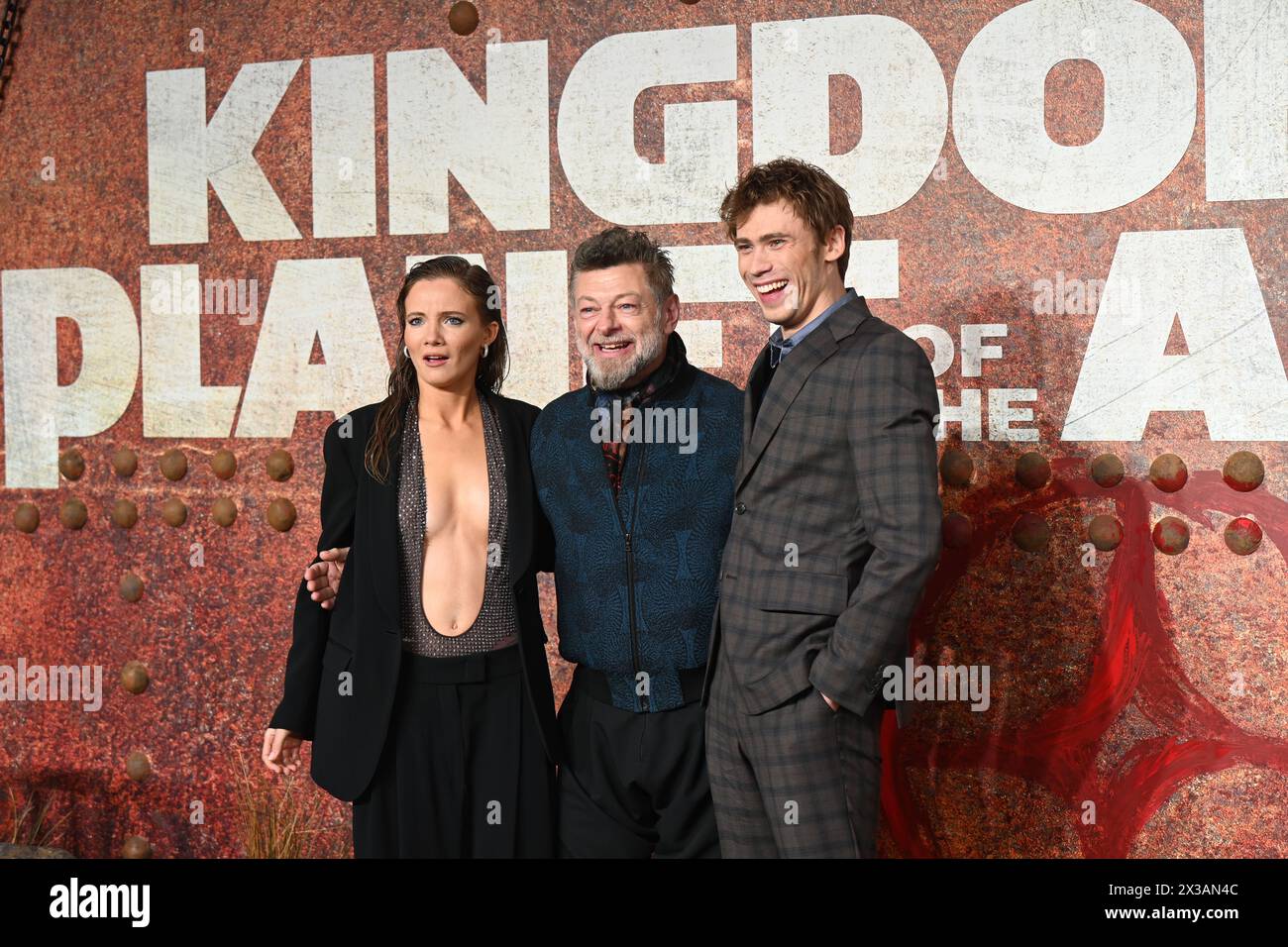 LONDON, ENGLAND - APRIL 25 2024: Freya Allan, Andy Serkis and Owen ...