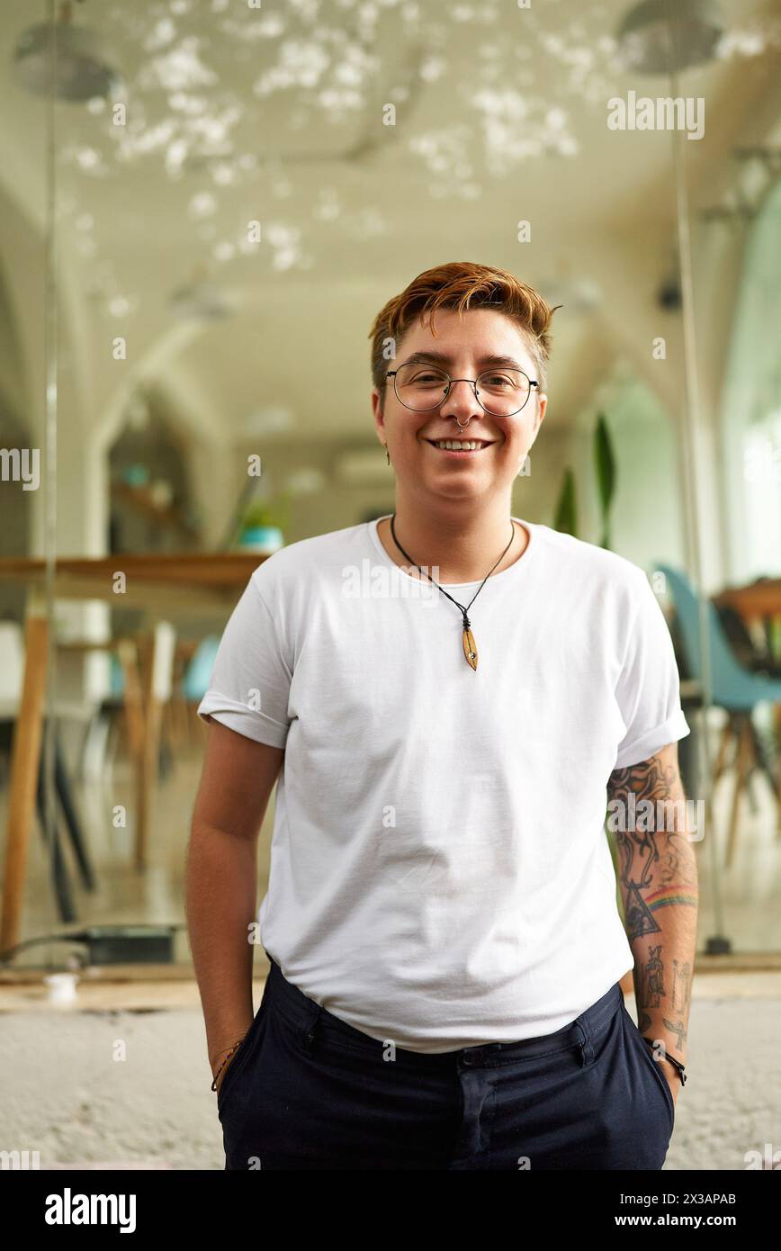 Gen Z Transgender pro in smart casual attire stands confident in modern ...