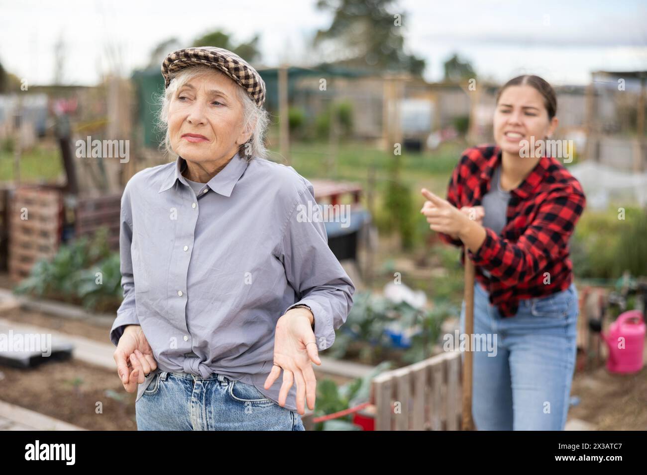 Farm neighbors quarrel over farm backyard in day Stock Photo - Alamy