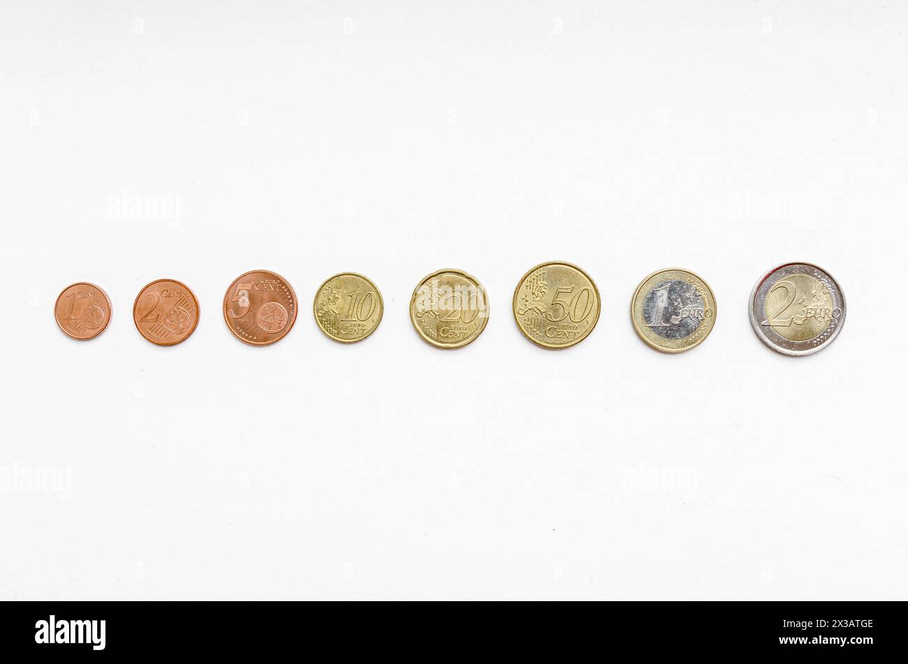 Euro coins in increasing order according to their value on white ...