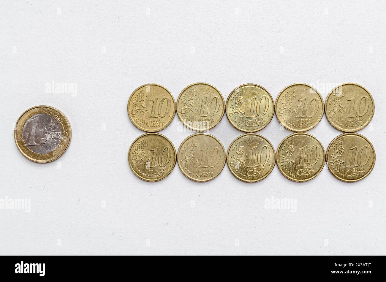 Equivalence of one euro in euro cents coins on white background Stock ...