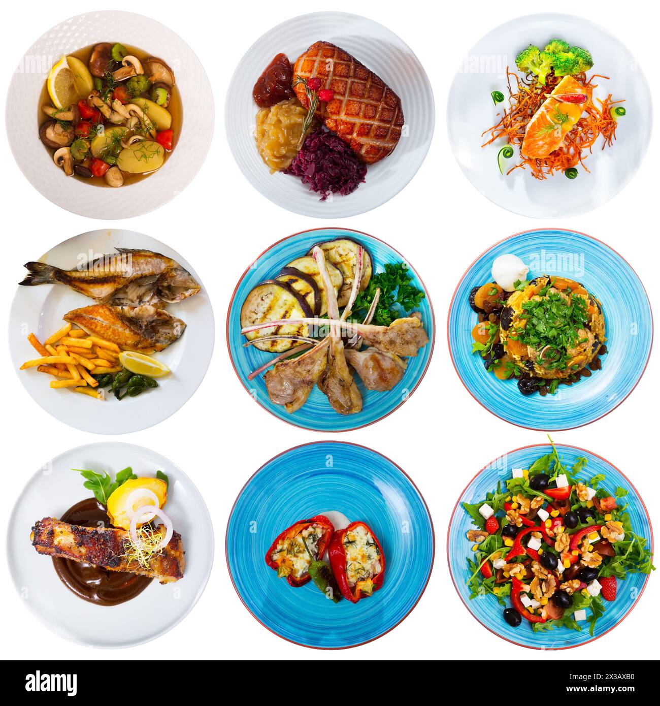 Collection of dishes on round plates Stock Photo - Alamy