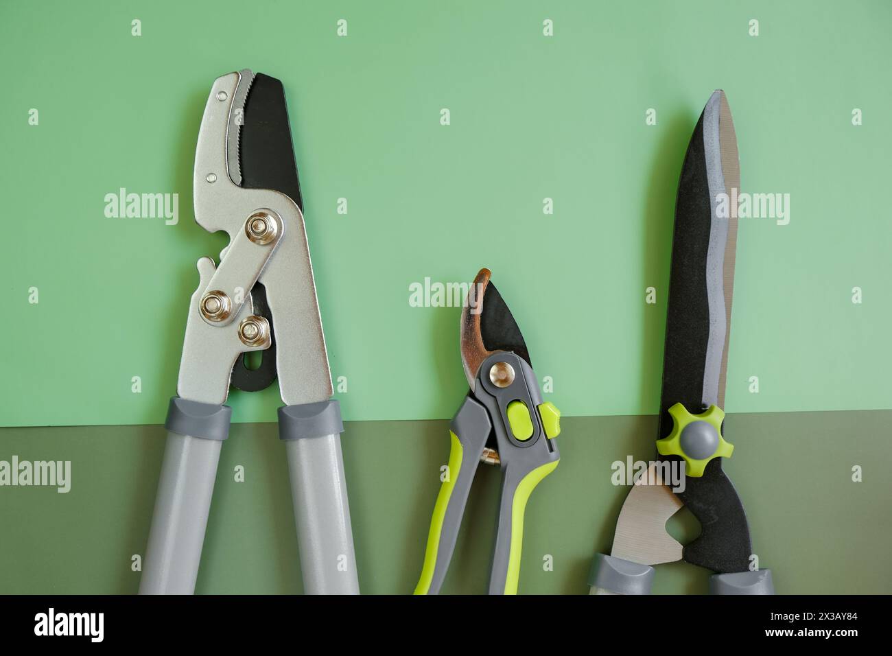 tools for topiary cutting of plants. Secateurs, loppers, and hedge ...