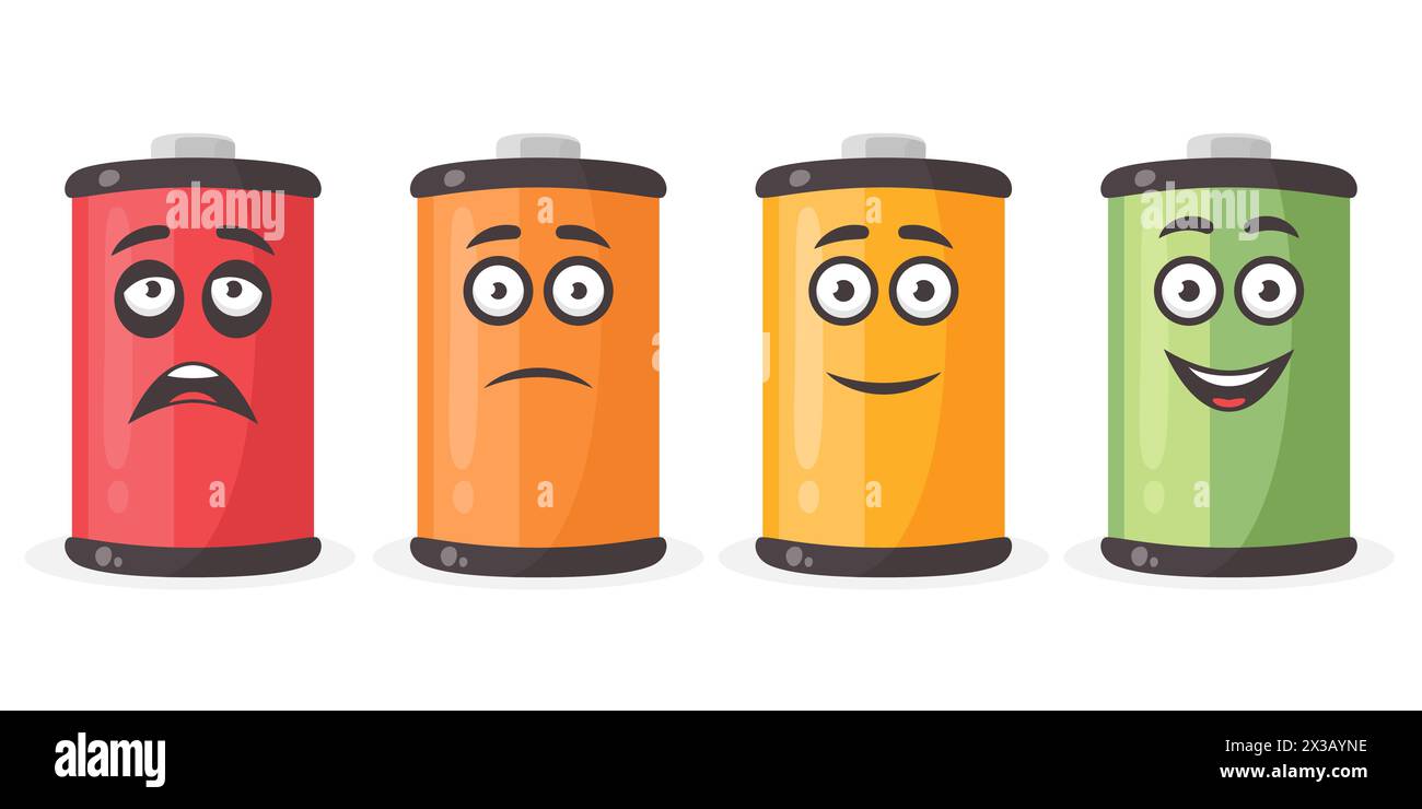 Low Battery and Full Battery Character Icon Set. Funny Cartoon Battery ...