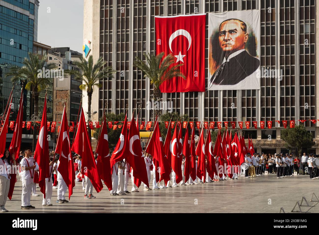 Izmir, Turkey - April 23, 2024: A solemn assembly of children with ...