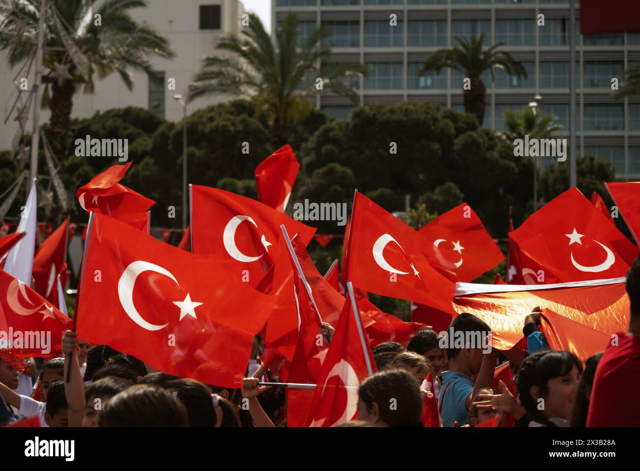 Izmir, Turkey - April 23, 2024: Enthusiastic Turkish students wave ...