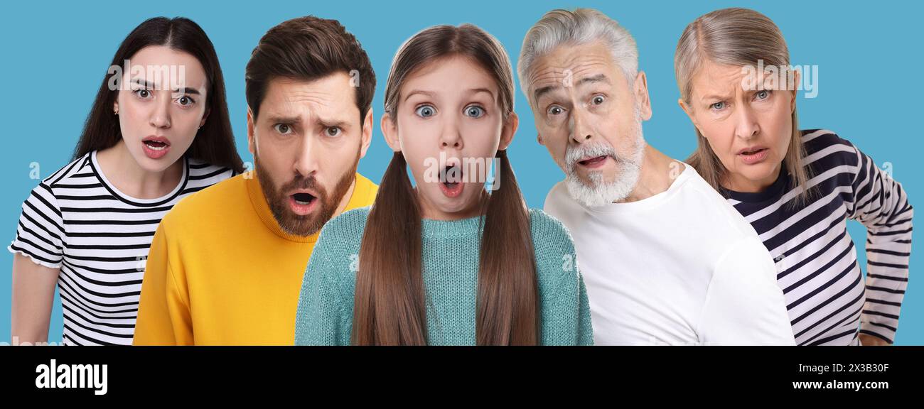 Group of surprised people on light blue background, banner design Stock ...