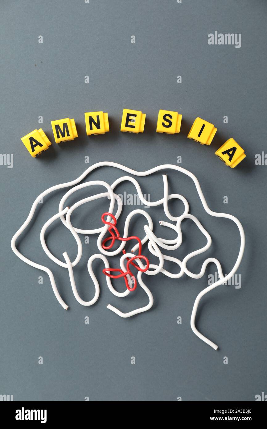 Word Amnesia and brain made of wires on grey background, flat lay Stock ...