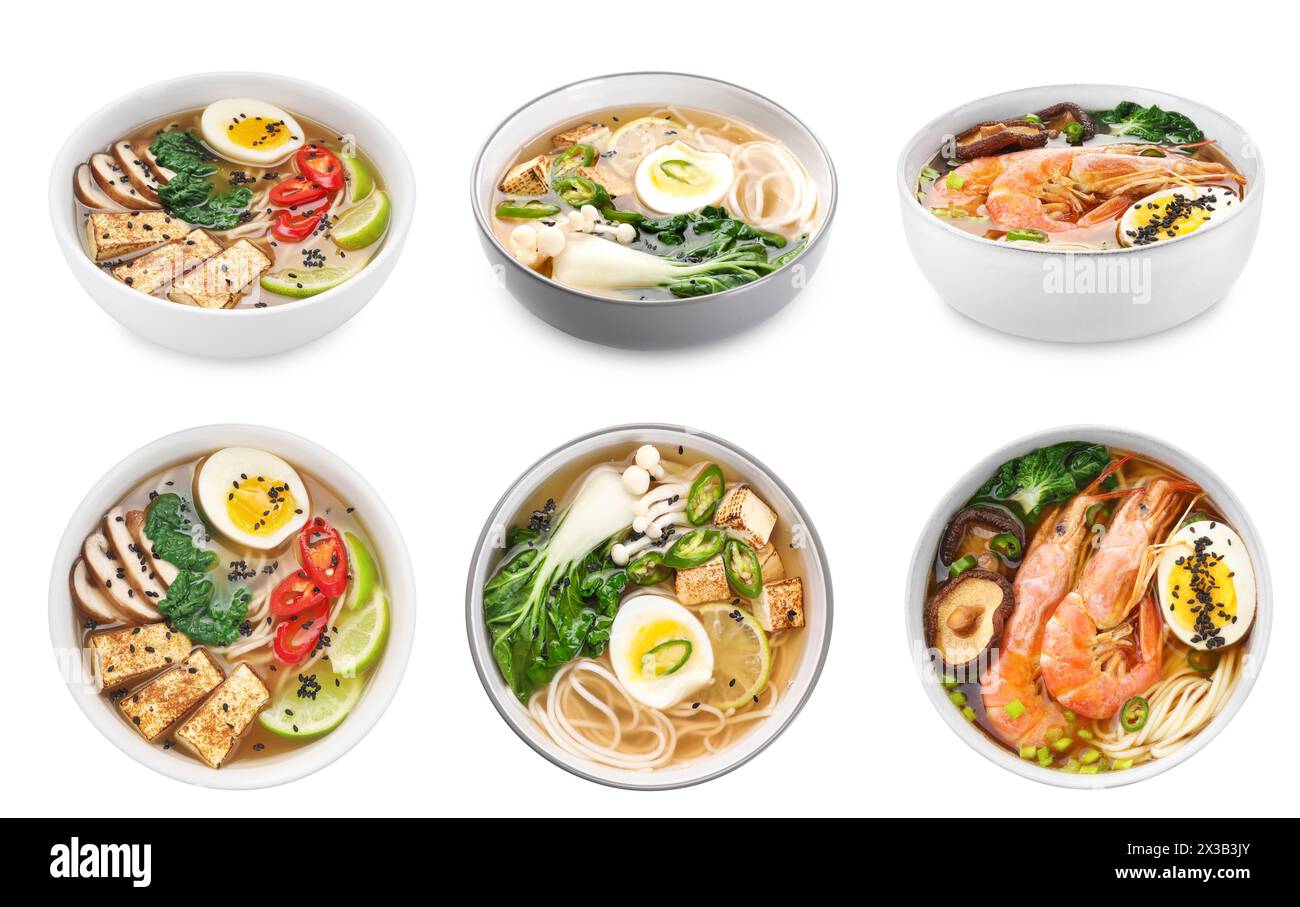 Set with bowls of delicious ramen with different ingredients isolated ...