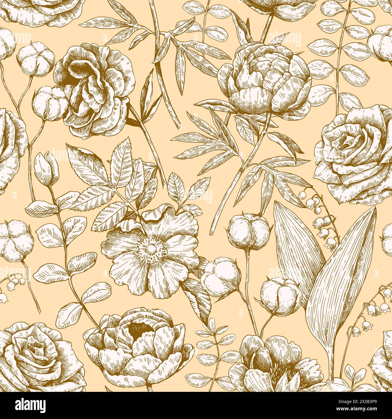 Seamless pattern with peony and eucalyptus in victorian engraving style ...