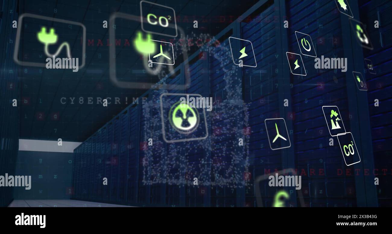 Image of eco icons and data processing over computer servers Stock Photo - Alamy