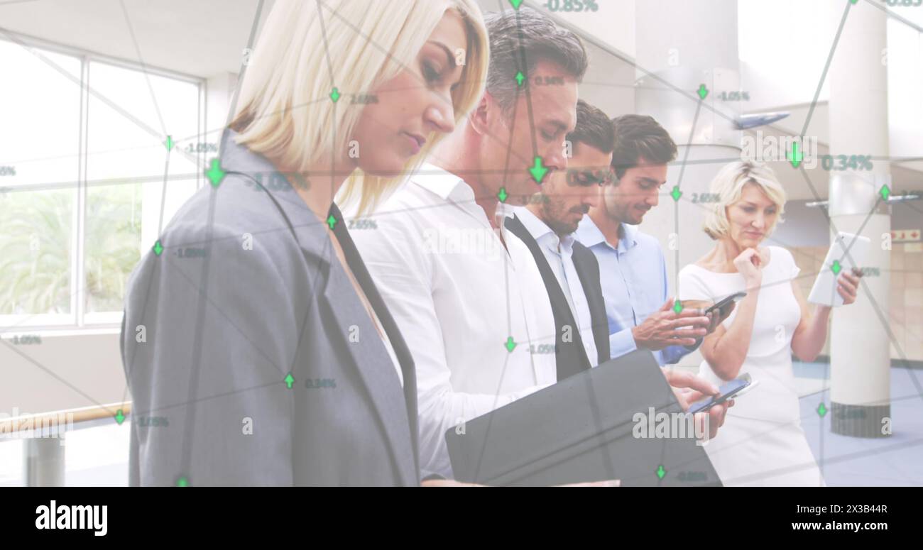 Image of network of connections and data processing over group of ...