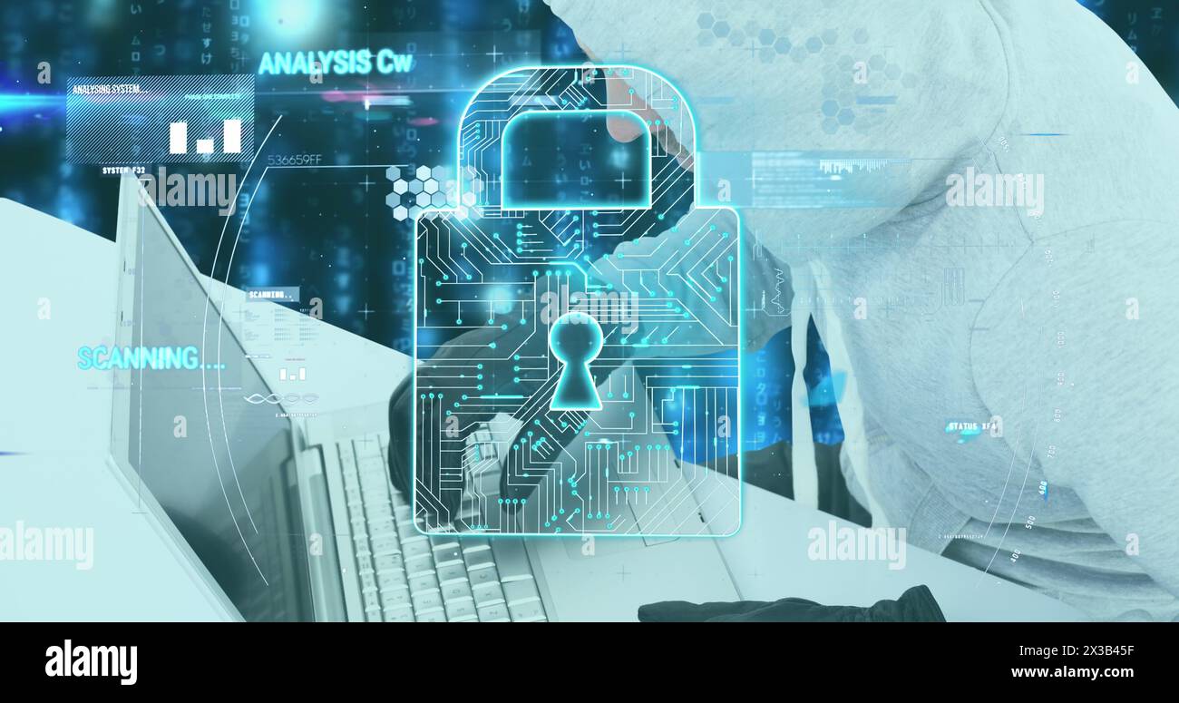 Image of digital interface with data processing, online padlock over hacker using laptop ...