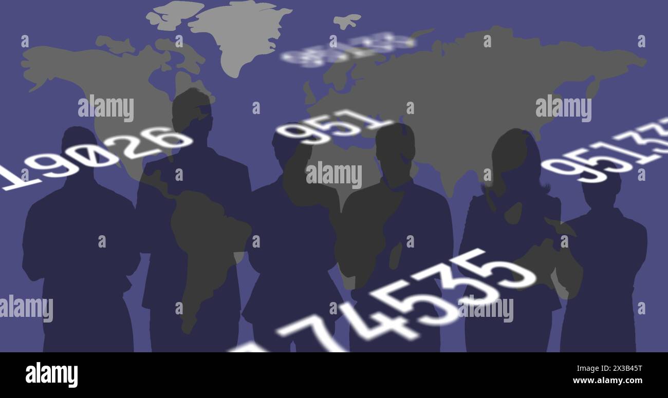 Image of numbers changing over people silhouettes and world map Stock ...